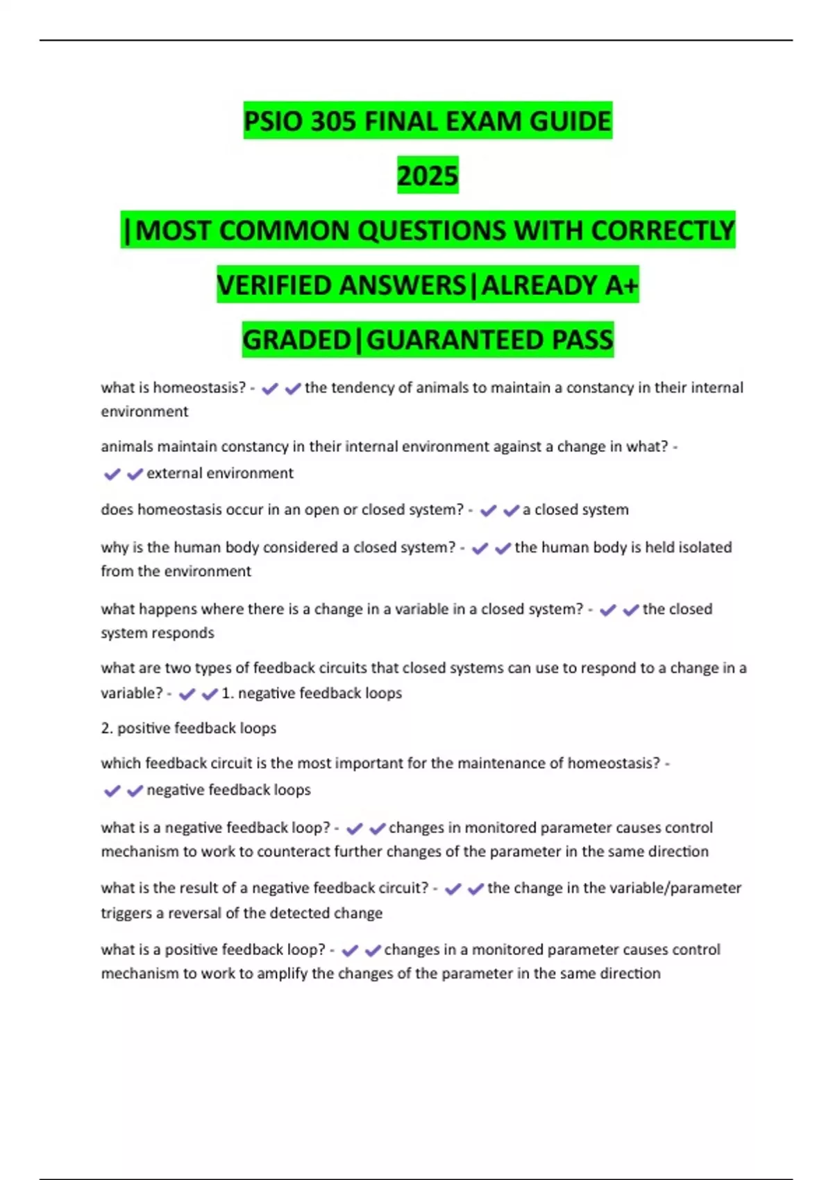 PSIO 305 FINAL EXAM GUIDE 2025 |MOST COMMON QUESTIONS WITH CORRECTLY VERIFIED ANSWERS|ALREADY A+ ...