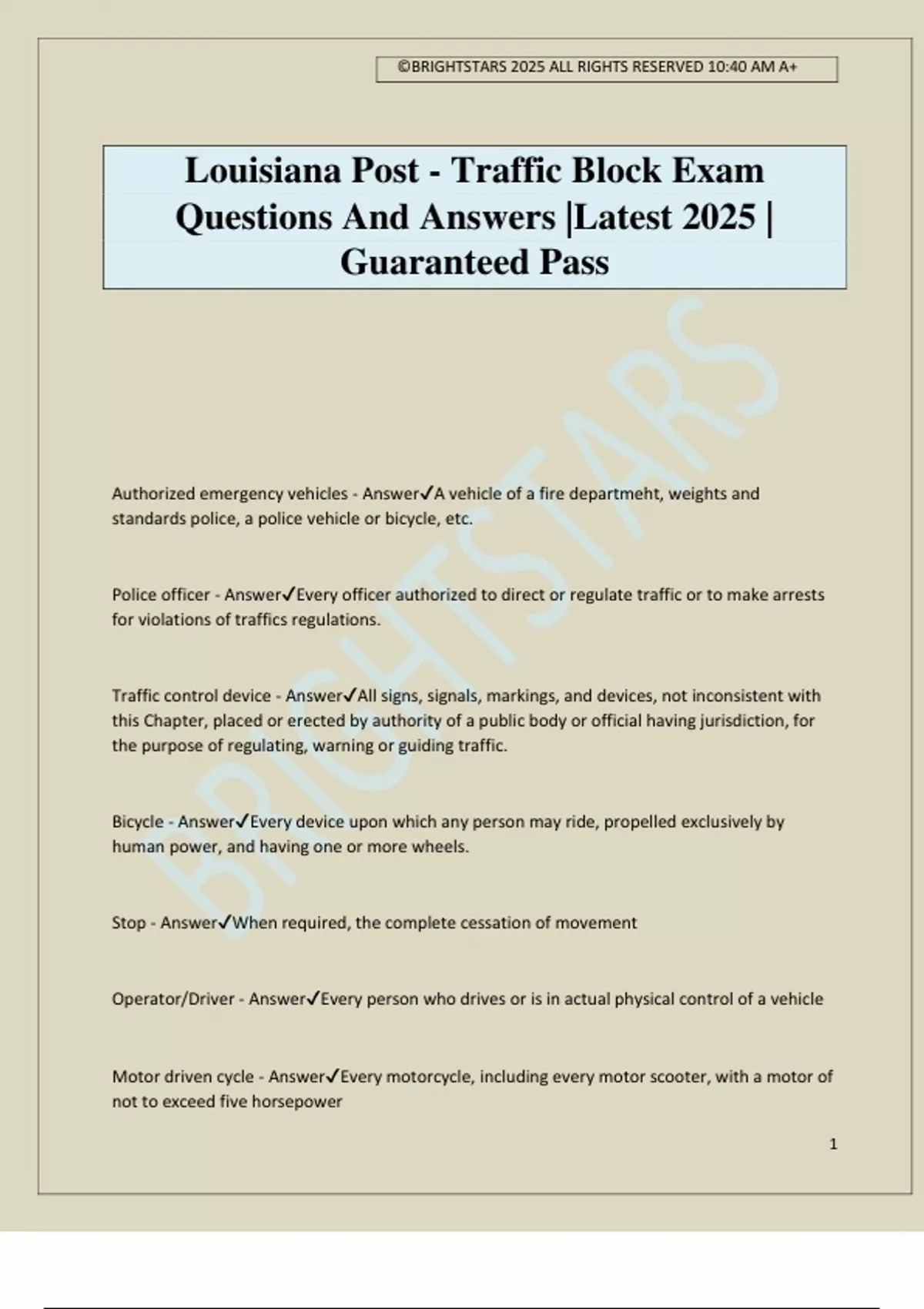 Louisiana Post - Traffic Block Exam Questions And Answers |Latest 2025 ...