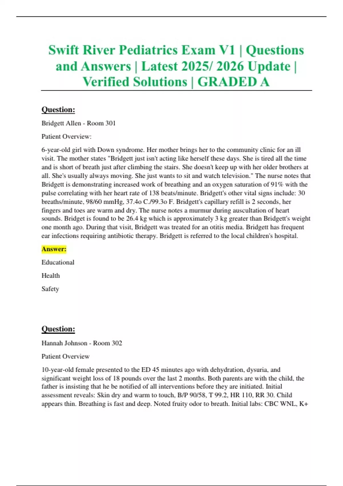 Swift River Pediatrics Exam V1 | Questions and Answers | Latest 2025/ ...