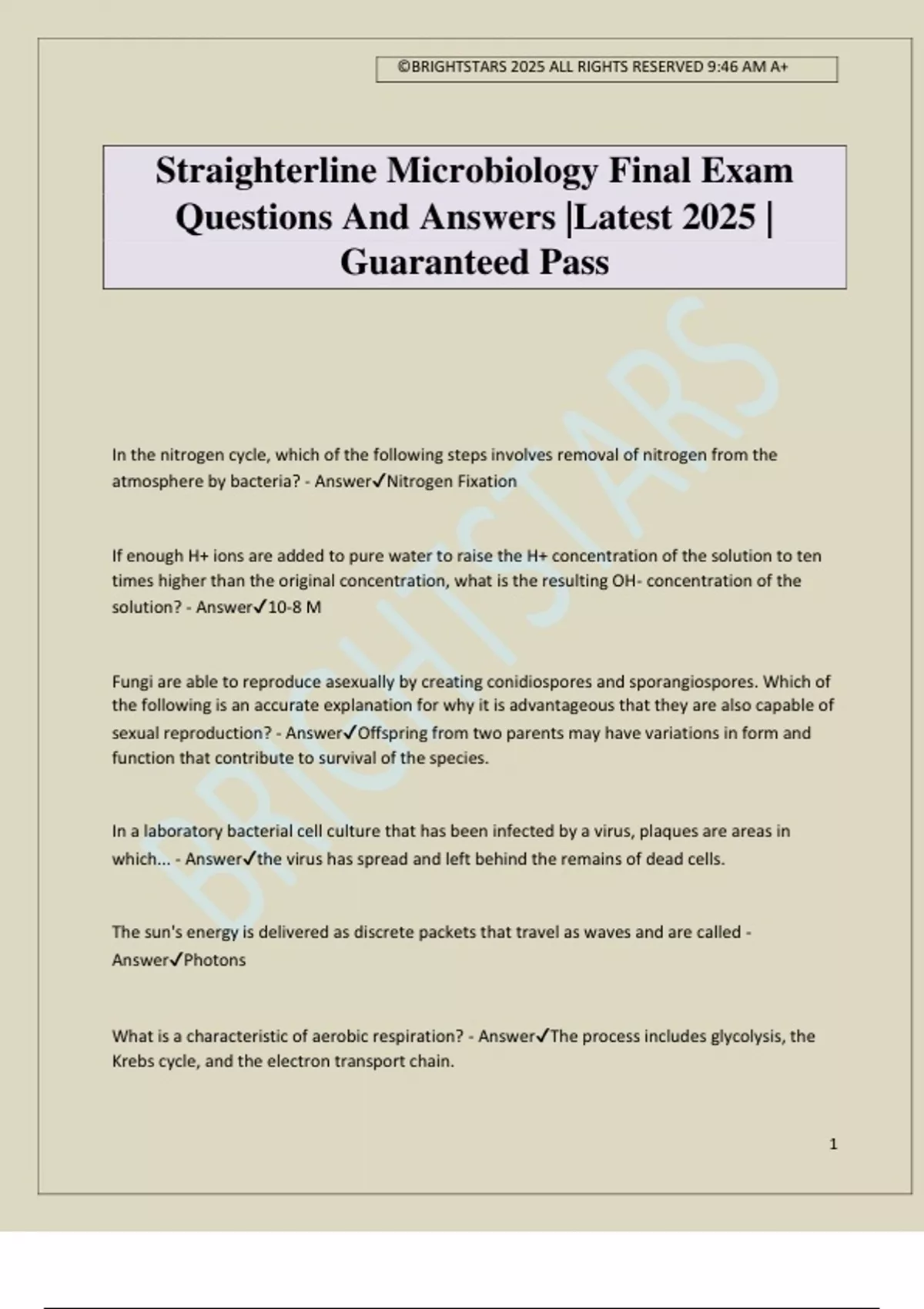 Straighterline Microbiology Final Exam Questions And Answers |Latest ...