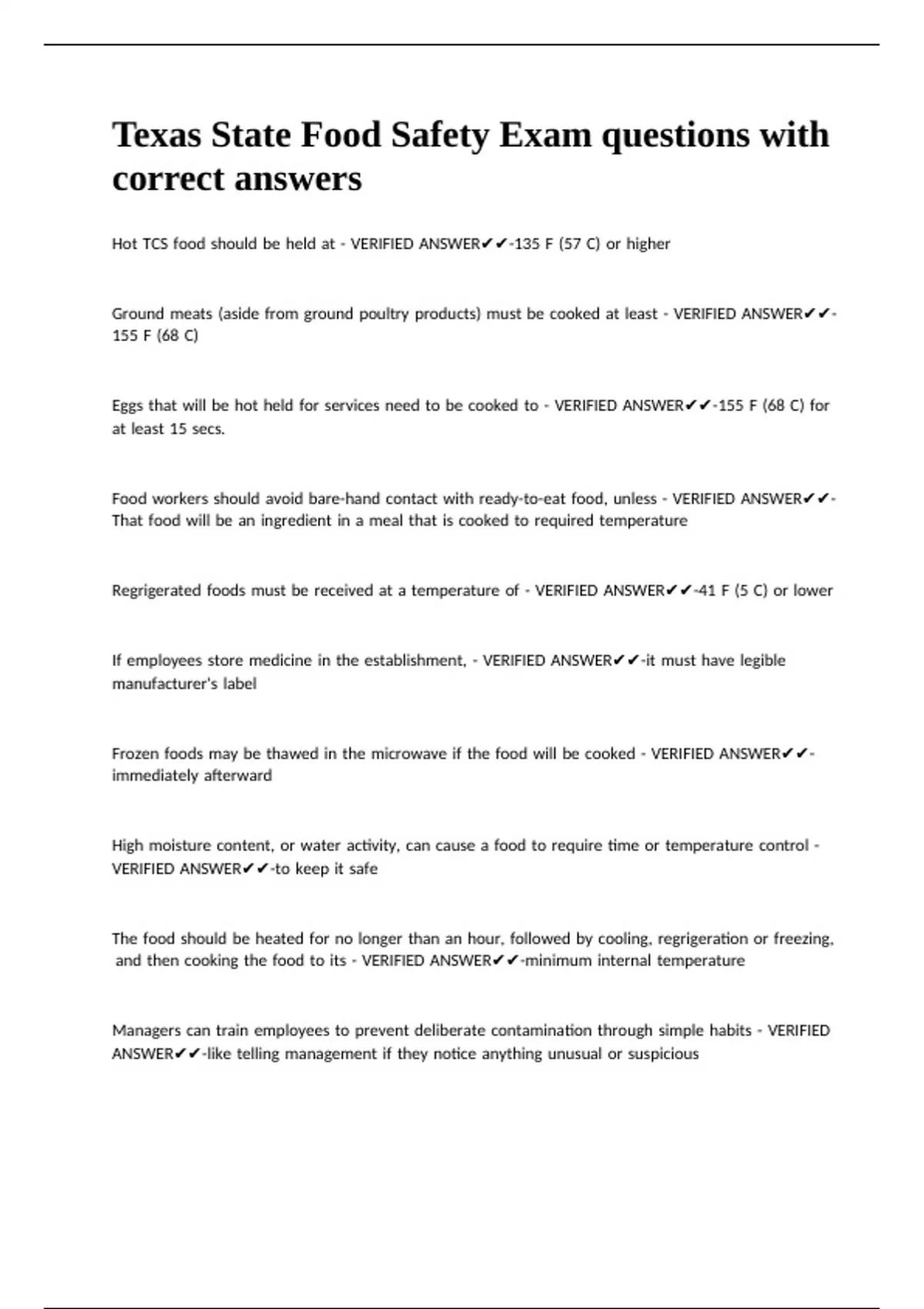 Texas State Food Safety Exam questions with correct answers. - State ...
