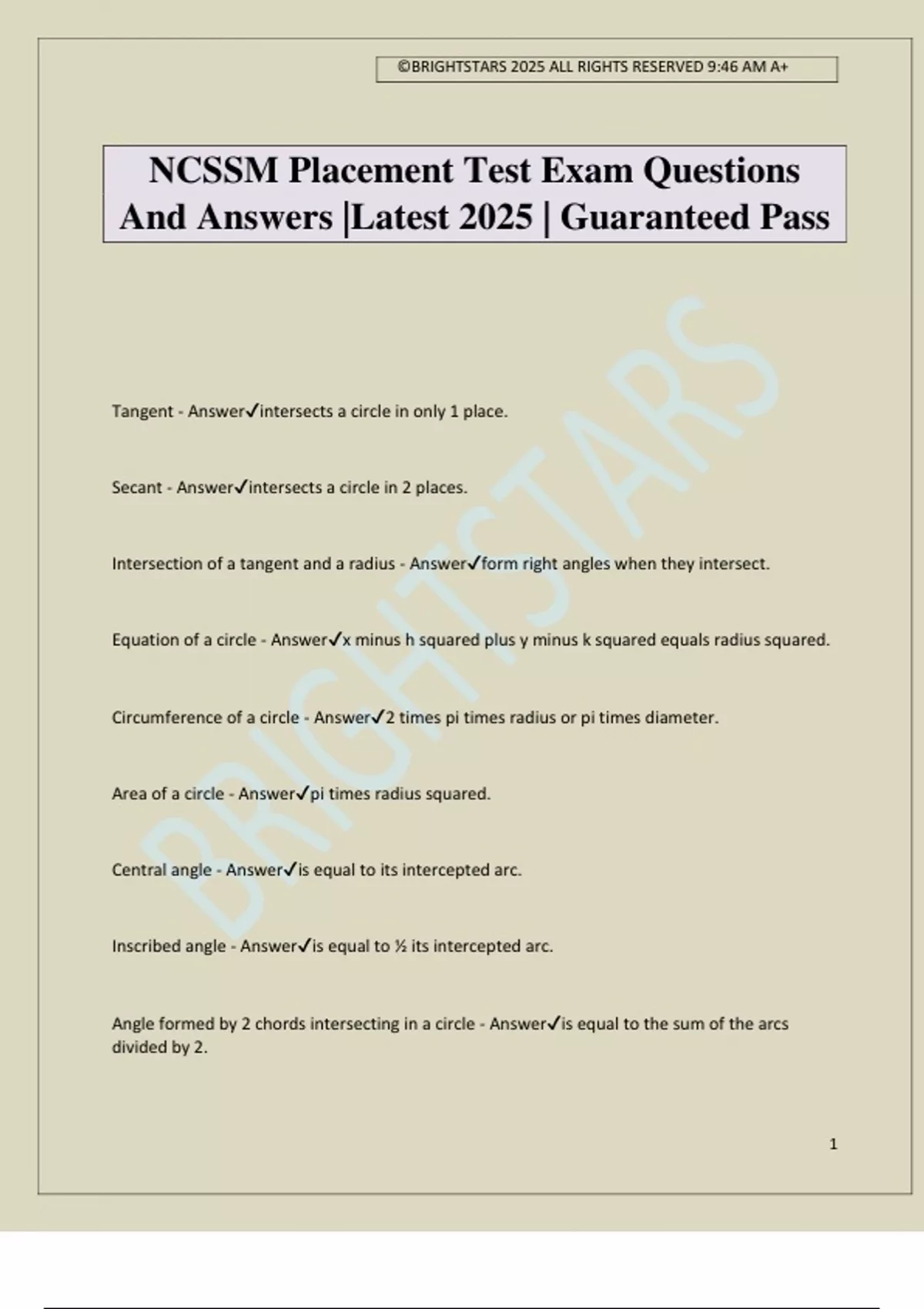 NCSSM Placement Test Exam Questions And Answers |Latest 2025 ...