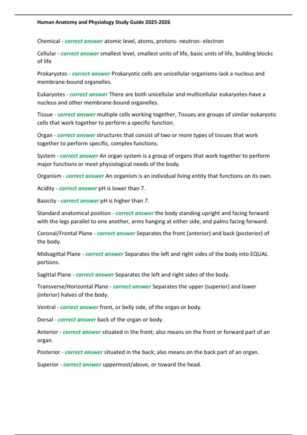 Human Anatomy and Physiology Study Guide (200+ questions with correct ...