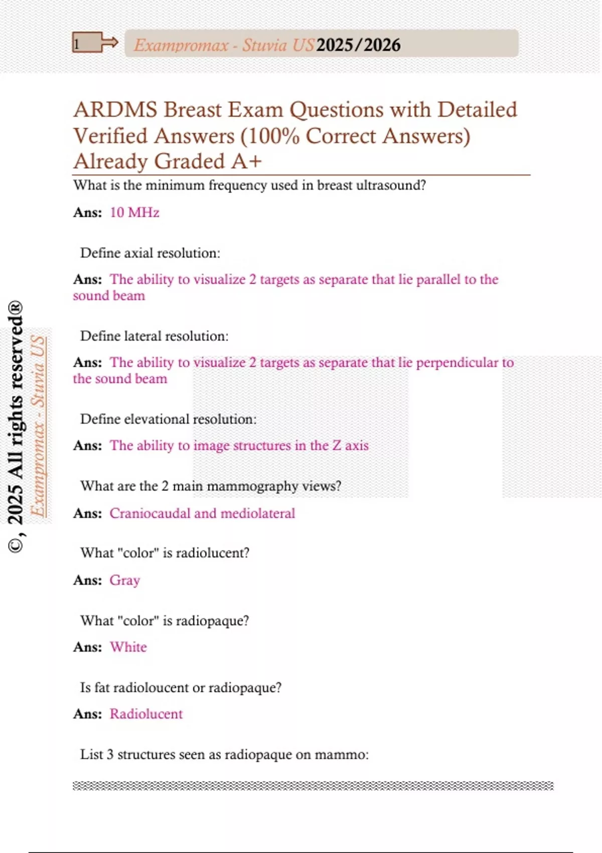 ARDMS Breast Exam Questions with Detailed Verified Answers (100% Correct Answers) Already Graded ...