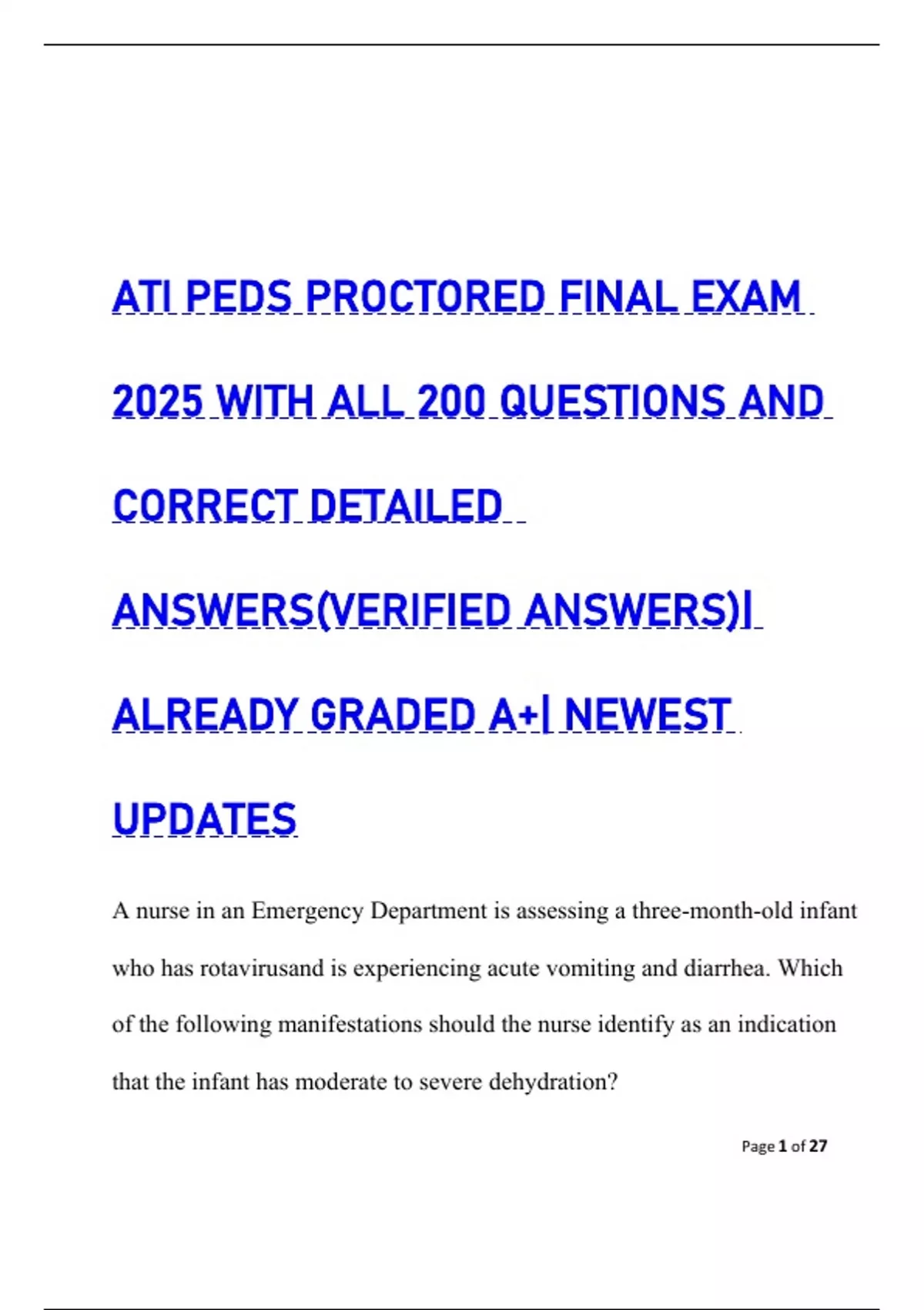 ATI PEDS PROCTORED FINAL EXAM 2025 WITH ALL 200 QUESTIONS AND CORRECT ...