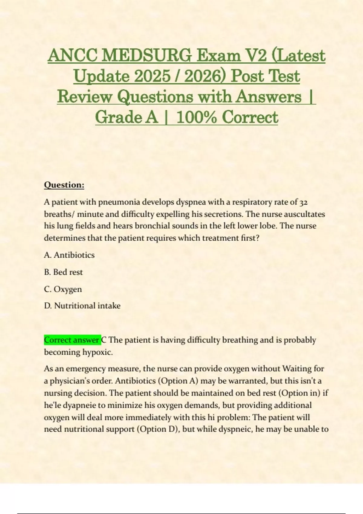ANCC MEDSURG Exam V2 (Latest Update 2025 / 2026) Post Test Review ...