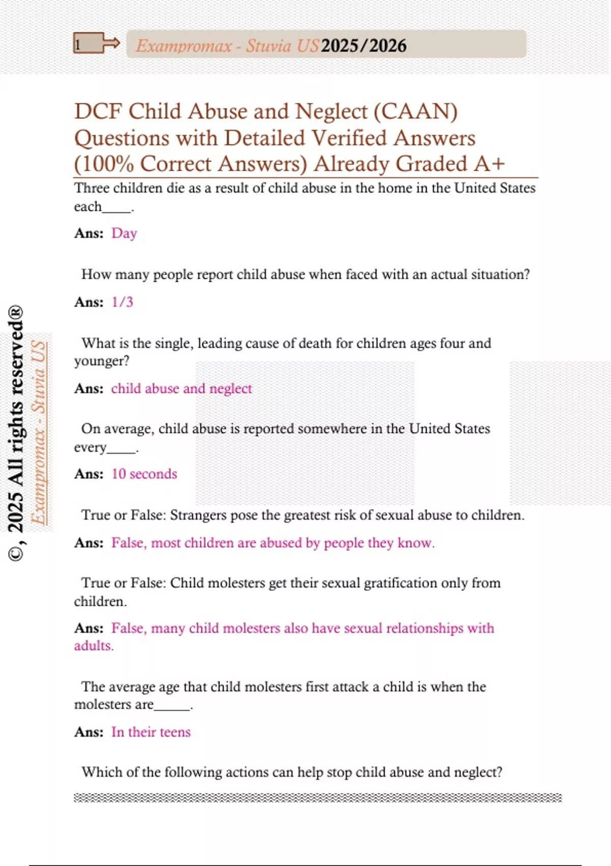 DCF Child Abuse and Neglect (CAAN) Questions with Detailed Verified ...