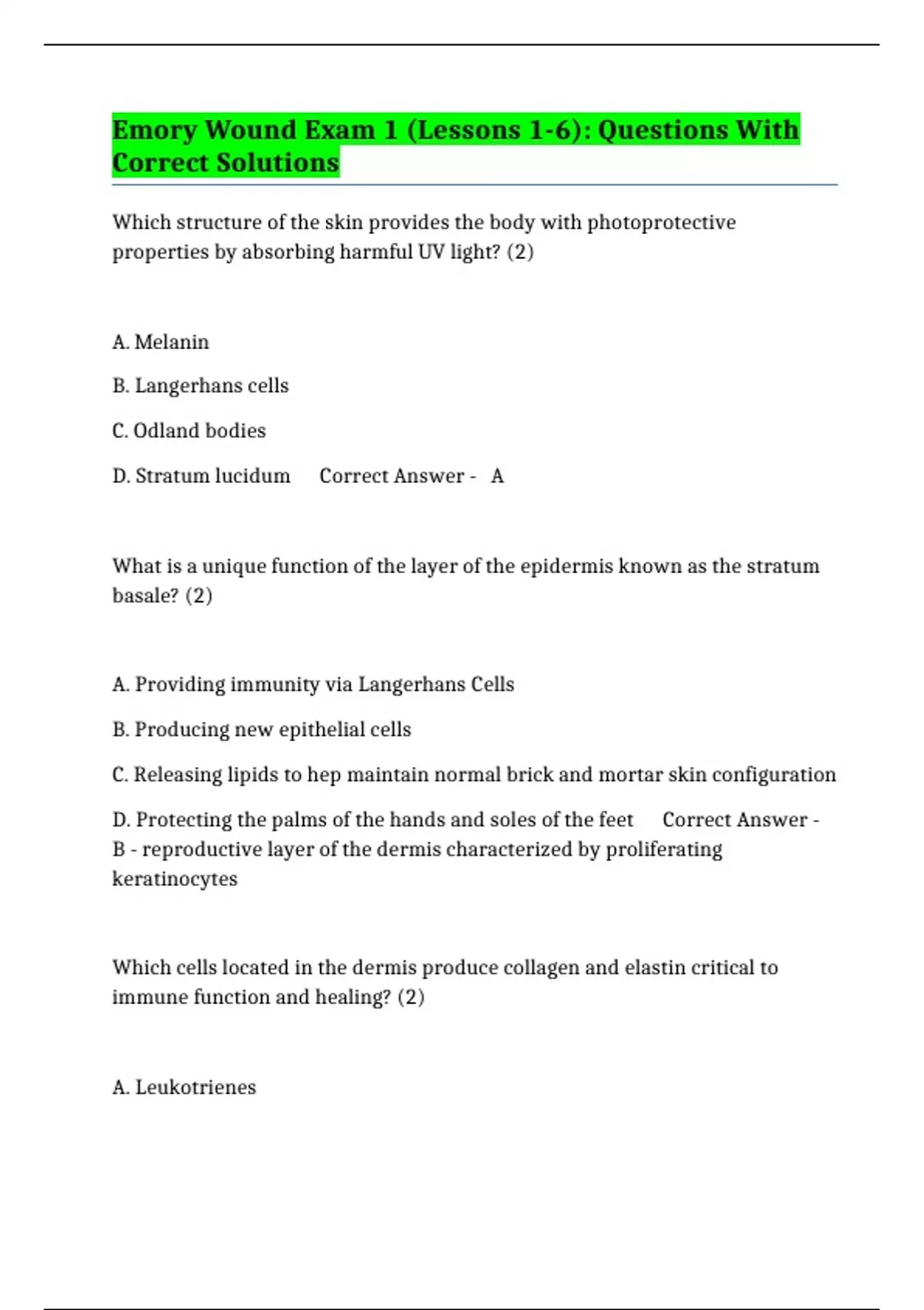 Emory Wound Exam 1 (Lessons 1-6): Questions With Correct Solutions ...