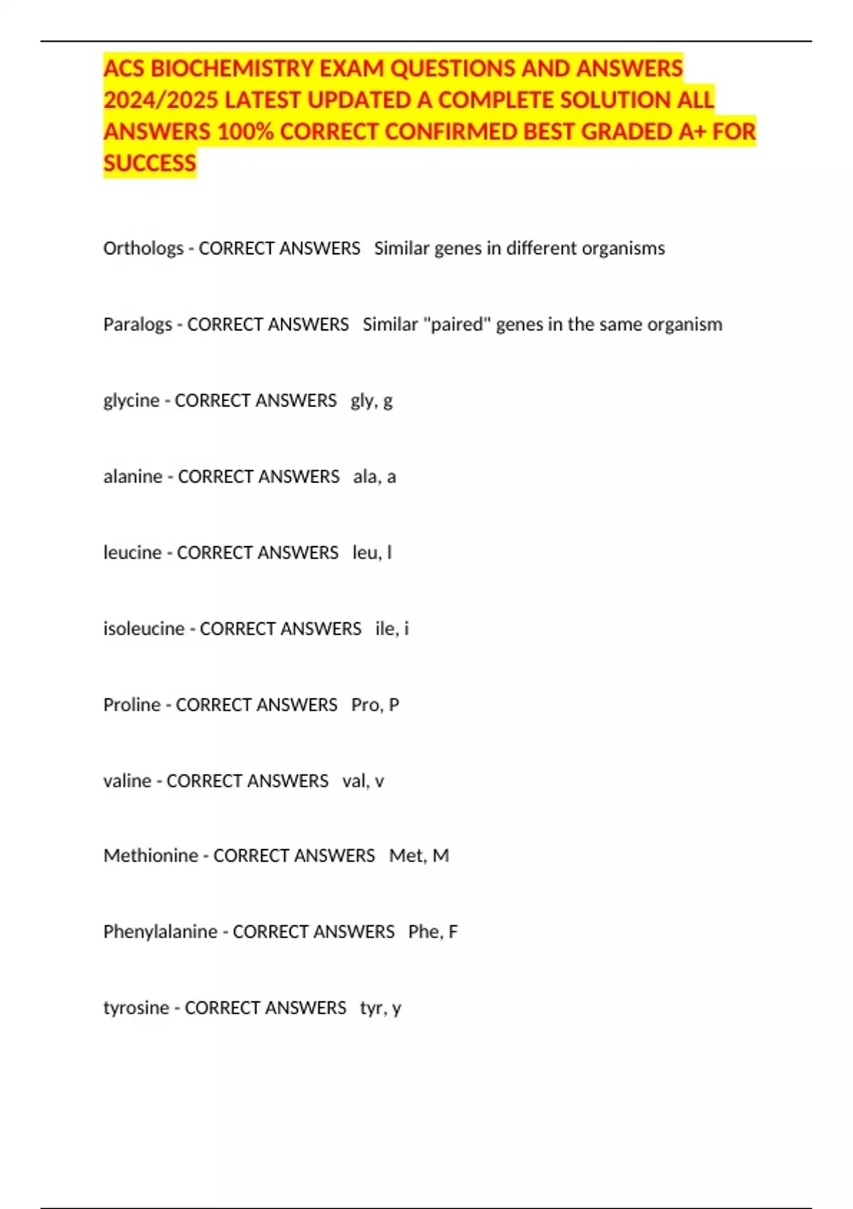 ACS BIOCHEMISTRY EXAM QUESTIONS AND ANSWERS 2024/2025 LATEST UPDATED A ...