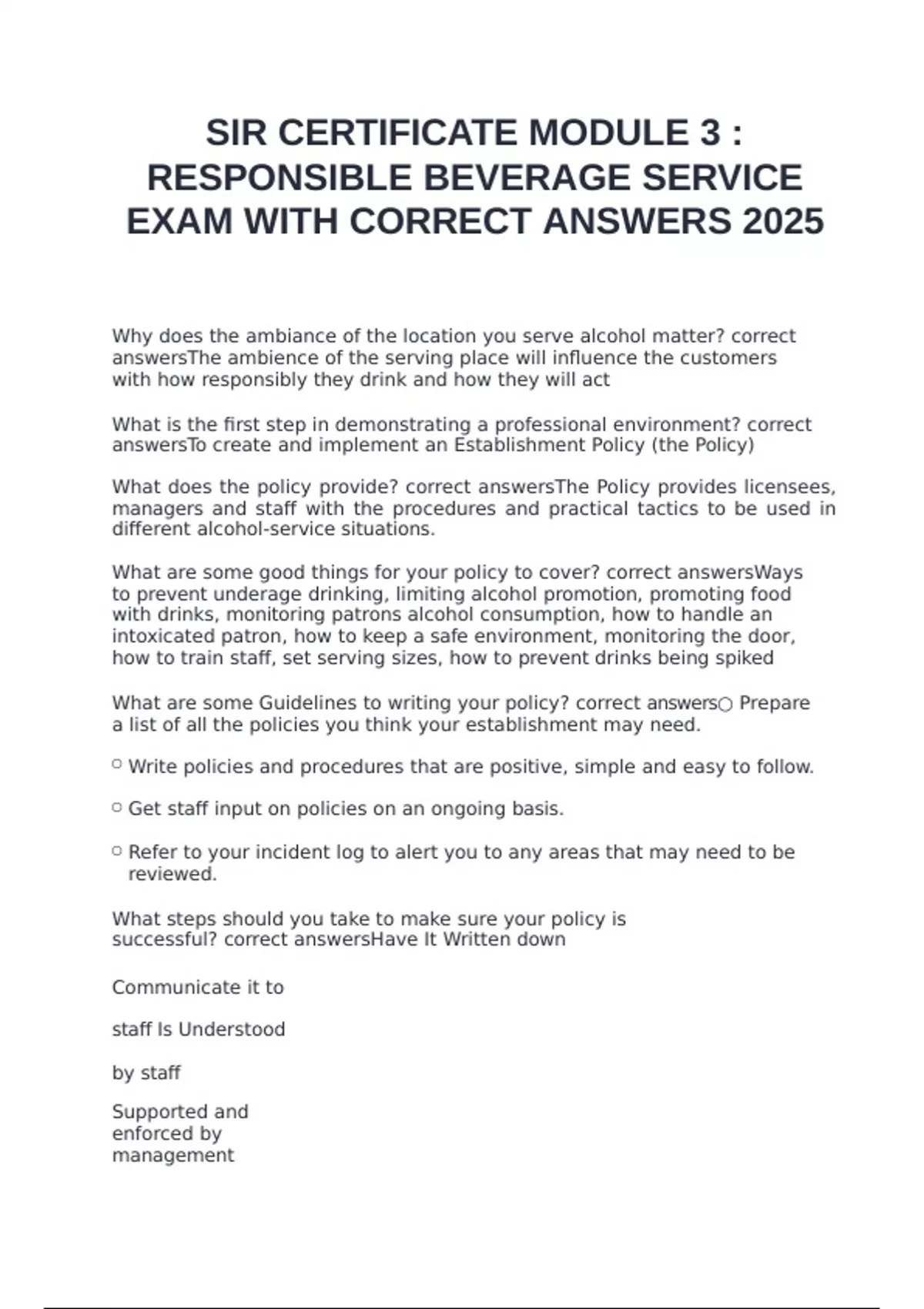 SIR CERTIFICATE MODULE 3 : RESPONSIBLE BEVERAGE SERVICE EXAM WITH ...