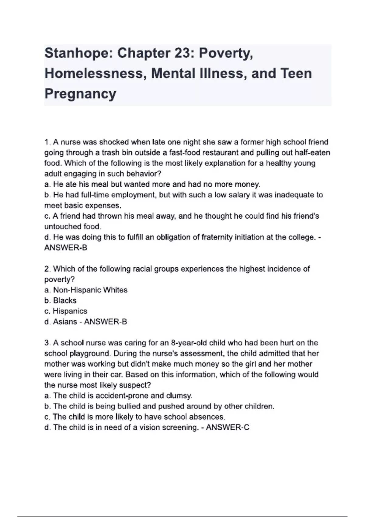 Stanhope Chapter 23 Poverty, Homelessness, Mental Illness, and Teen ...