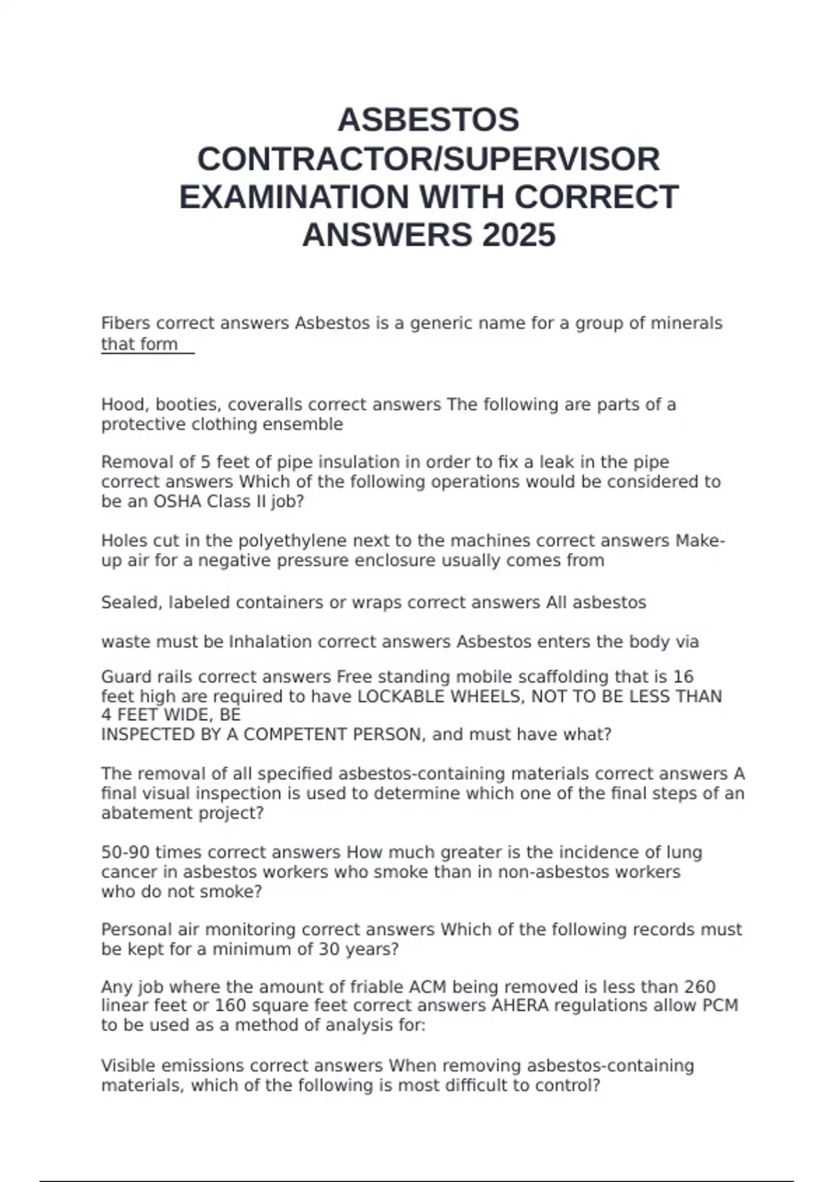 ASBESTOS CONTRACTOR/SUPERVISOR EXAMINATION WITH CORRECT ANSWERS 2025 ...