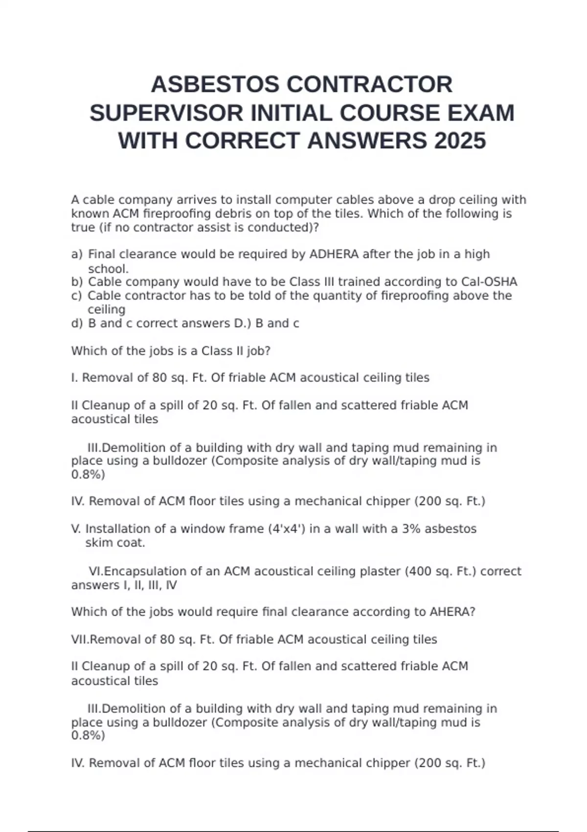 ASBESTOS CONTRACTOR SUPERVISOR INITIAL COURSE EXAM WITH CORRECT ANSWERS ...