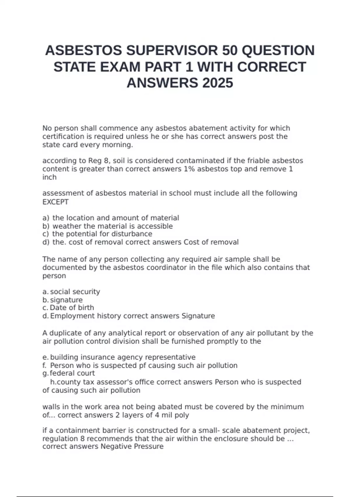 ASBESTOS SUPERVISOR 50 QUESTION STATE EXAM PART 1 WITH CORRECT ANSWERS ...
