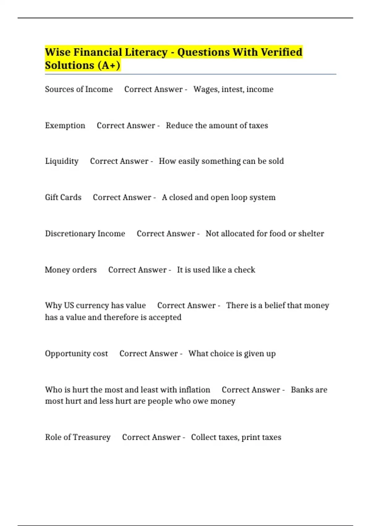 Wise Financial Literacy - Questions With Verified Solutions (A+) - WISE ...