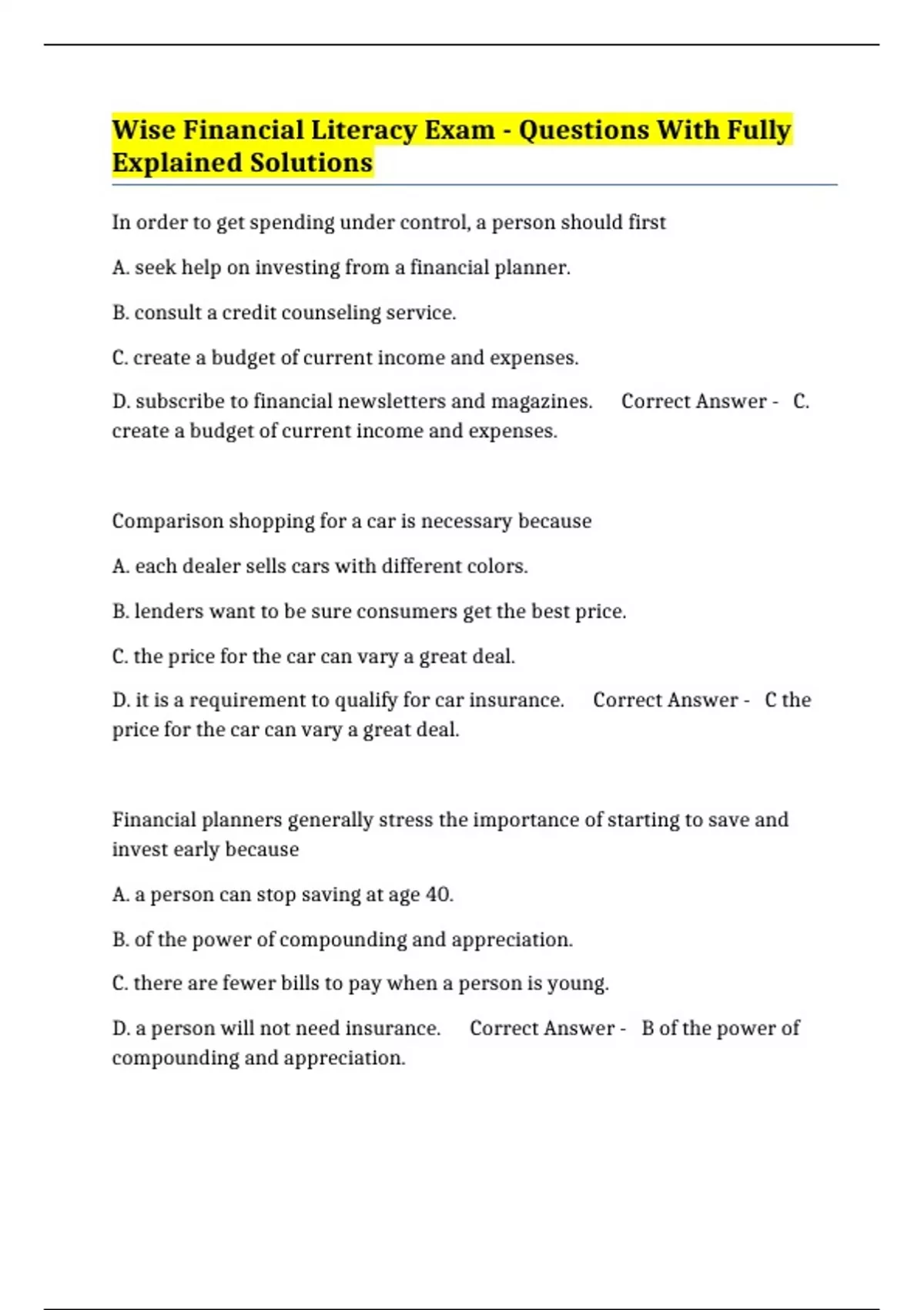 Wise Financial Literacy Exam - Questions With Fully Explained Solutions ...