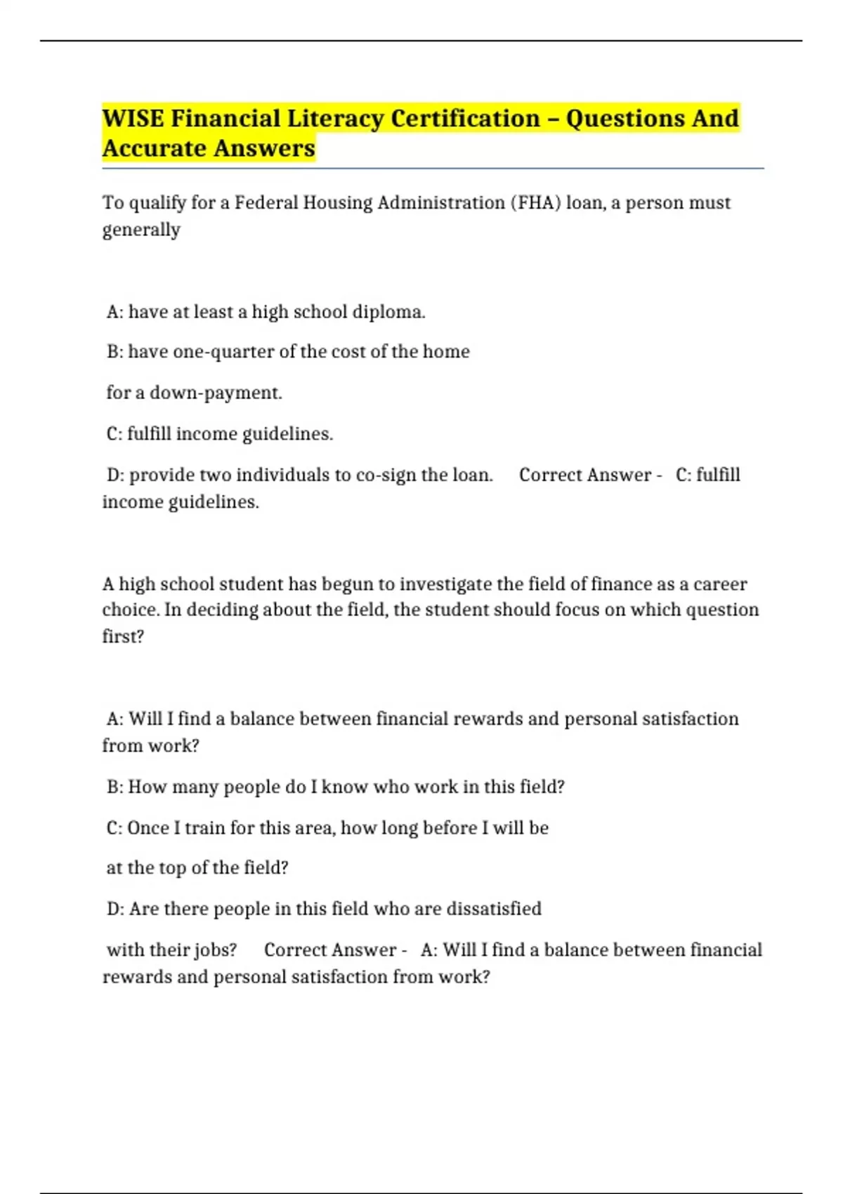 WISE Financial Literacy Certification – Questions And Accurate Answers ...