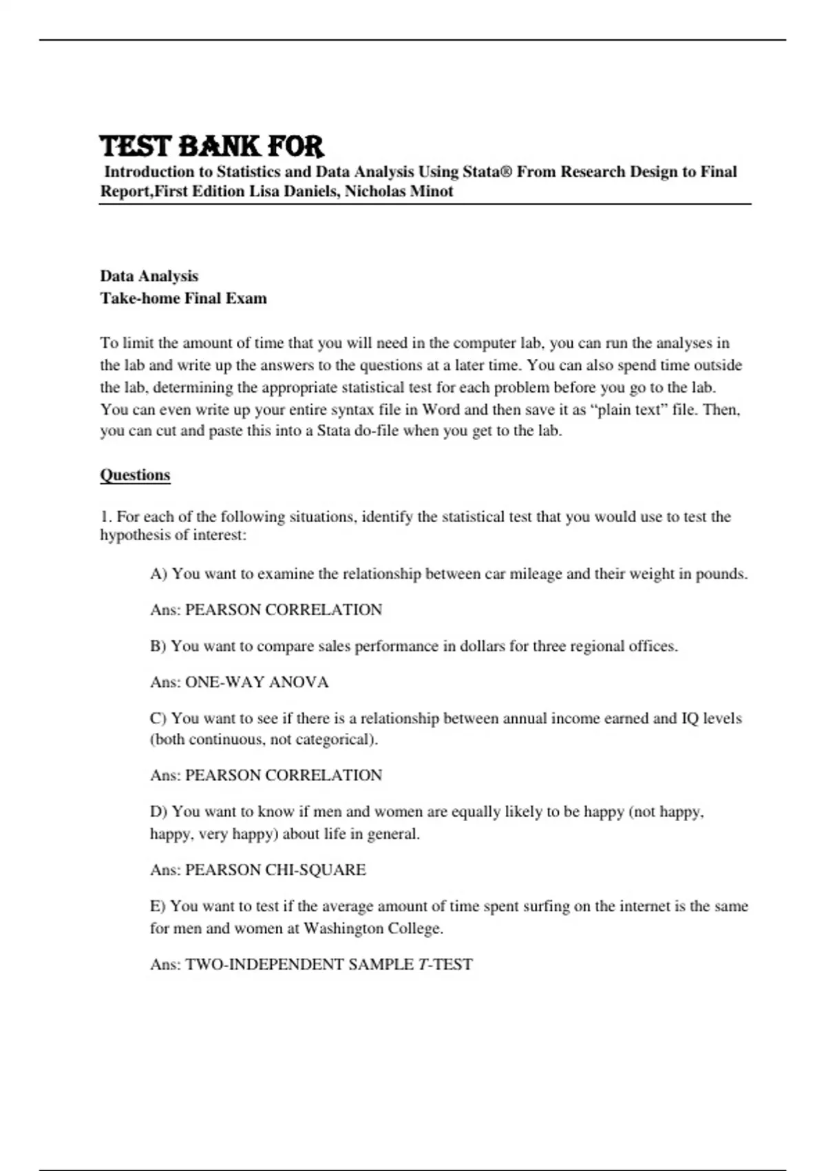 Test Bank For An Introduction to Statistics and Data Analysis Using ...