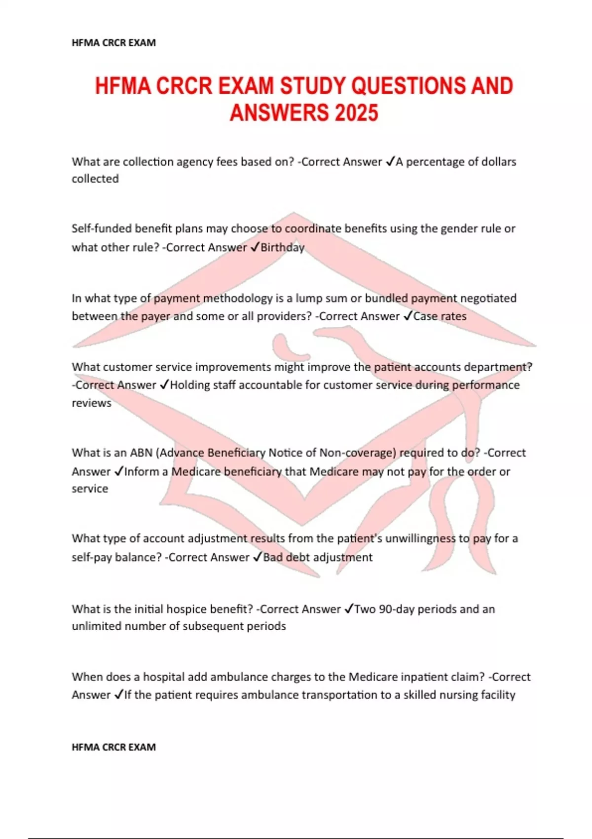 HFMA CRCR EXAM STUDY QUESTIONS AND ANSWERS 2025 - HFMA CRCR - Stuvia US