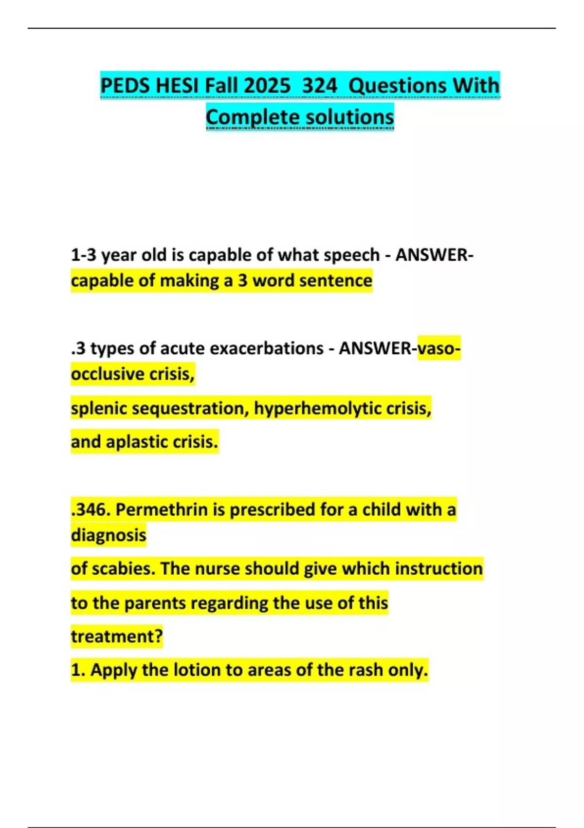 PEDS HESI Fall 2025 324 Questions With Complete solutions - Peds Hesi ...