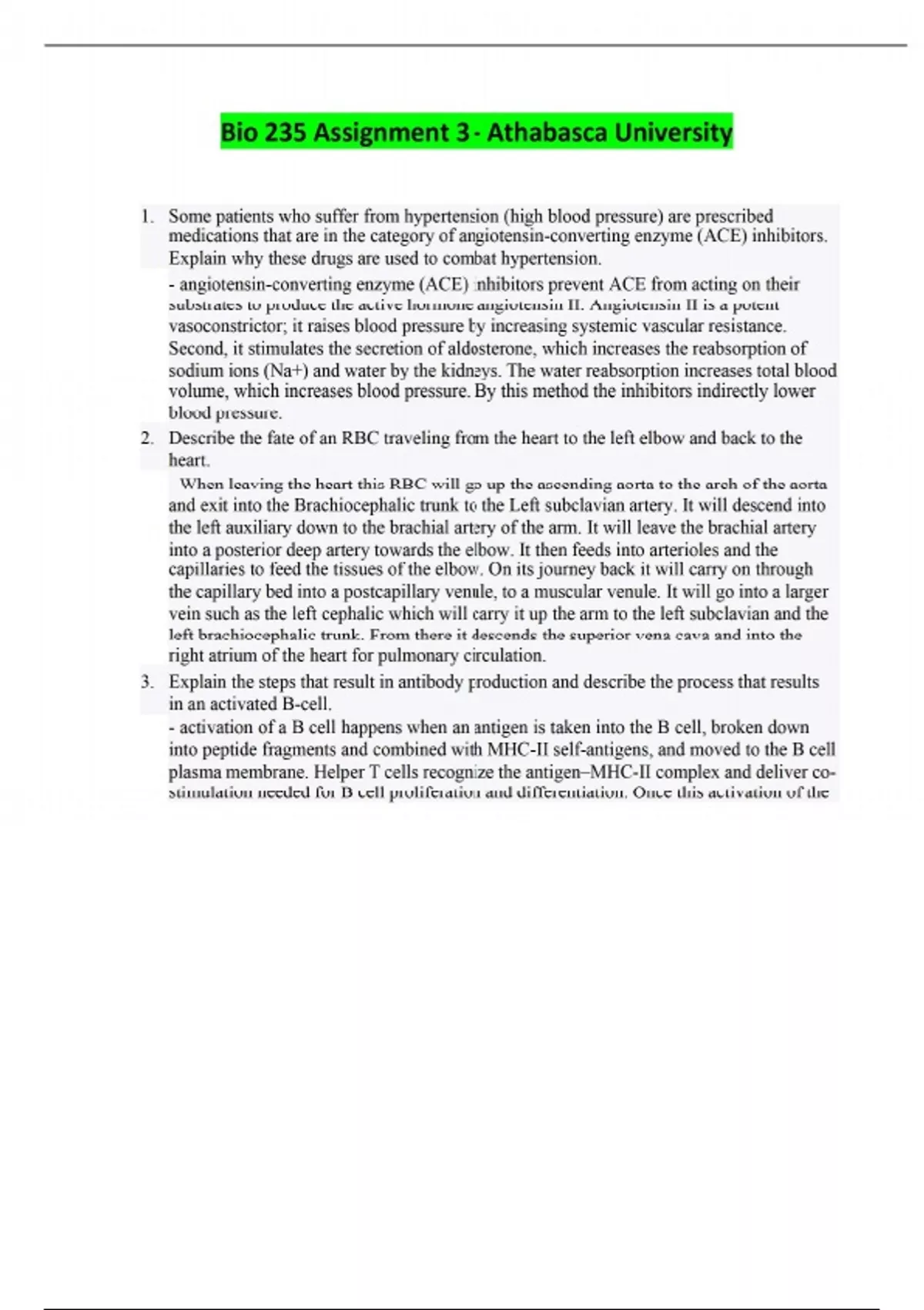 Bio 235 Assignment 3 - Athabasca University - Bio 235 - Stuvia US