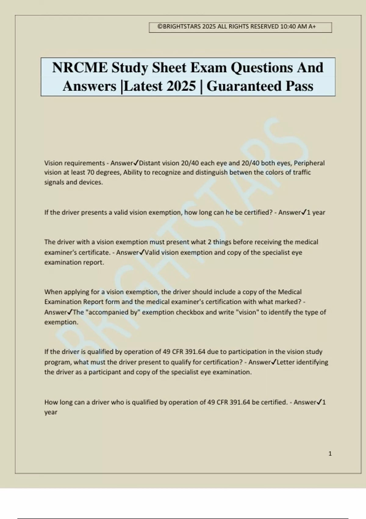 NRCME Study Sheet Exam Questions And Answers |Latest 2025 | Guaranteed ...