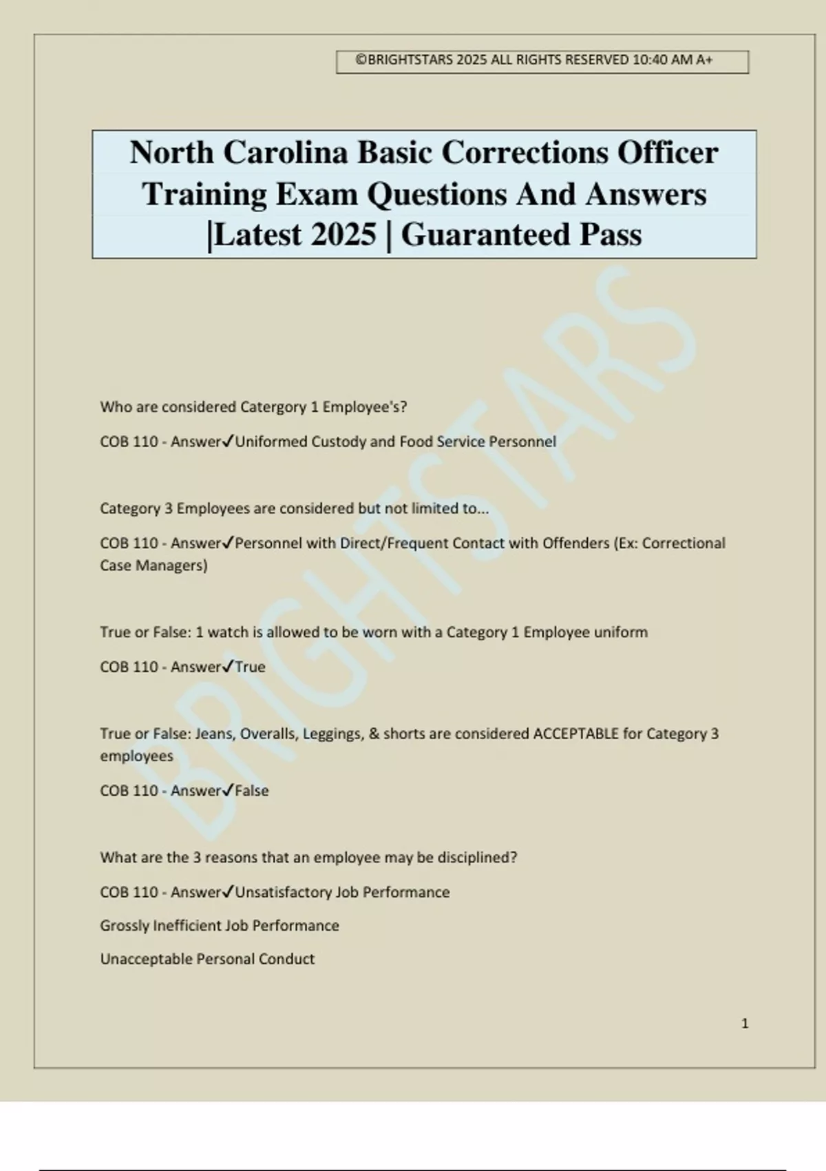 North Carolina Basic Corrections Officer Training Exam Questions And ...