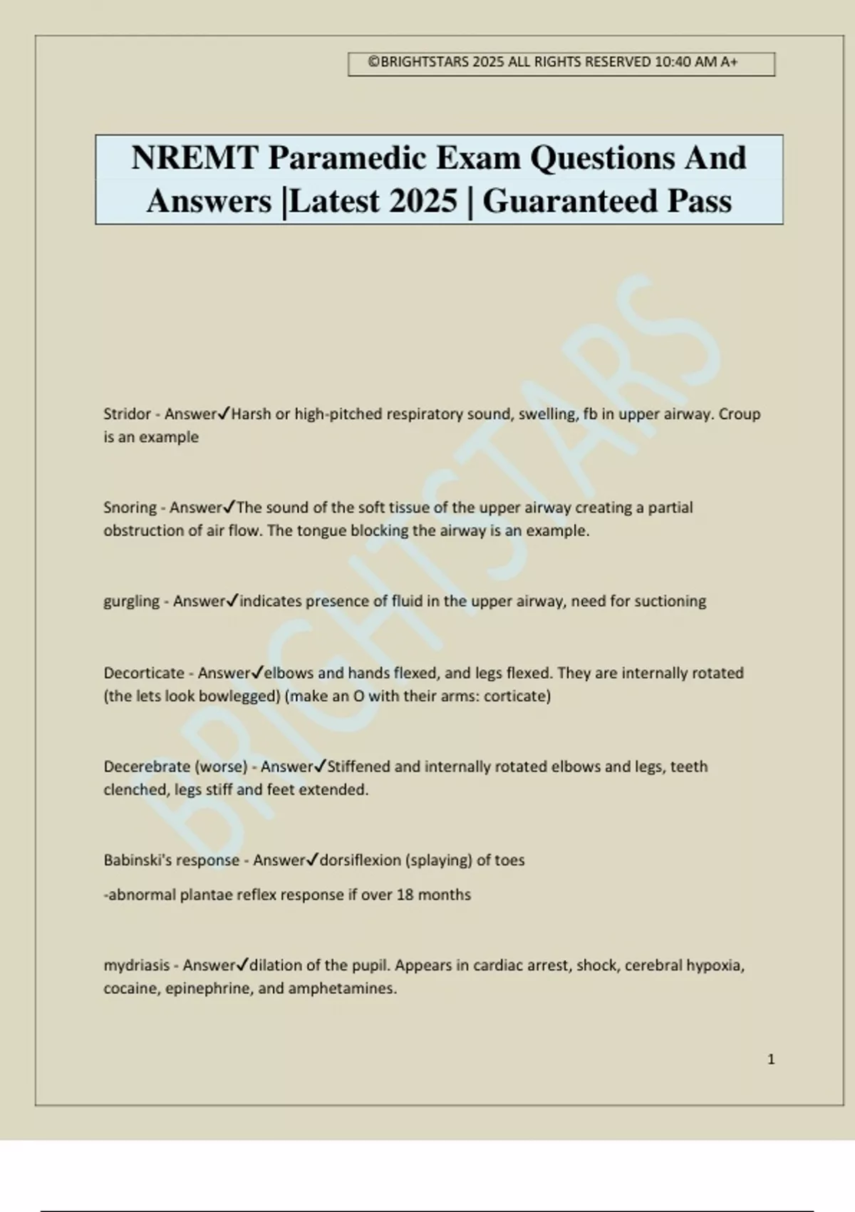 NREMT Paramedic Exam Questions And Answers |Latest 2025 | Guaranteed ...