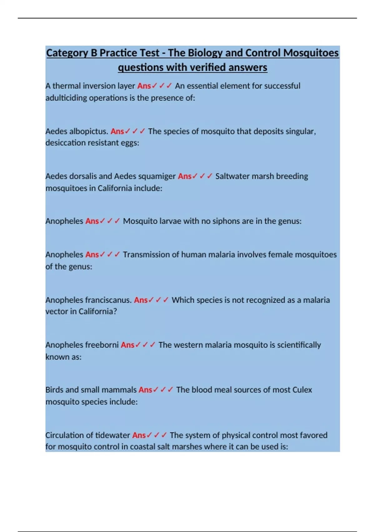 Category B Practice Test - The Biology and Control Mosquitoes questions ...