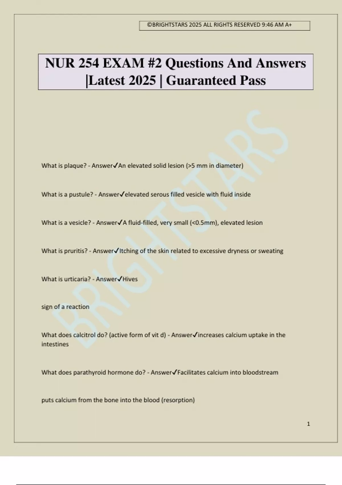 NUR 254 EXAM #2 Questions And Answers |Latest 2025 | Guaranteed Pass ...