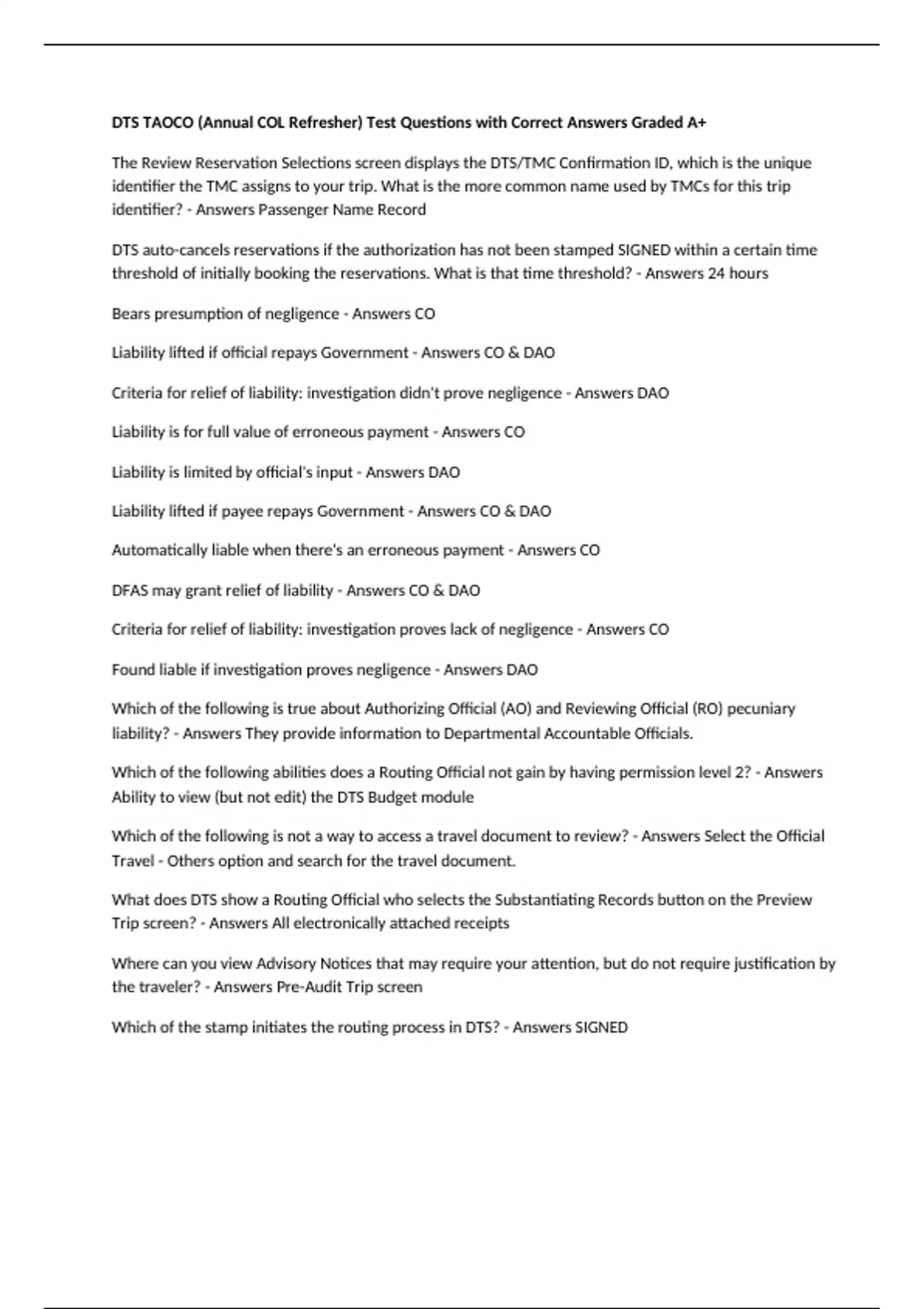 DTS TAOCO (Annual COL Refresher) Test Questions with Correct Answers ...