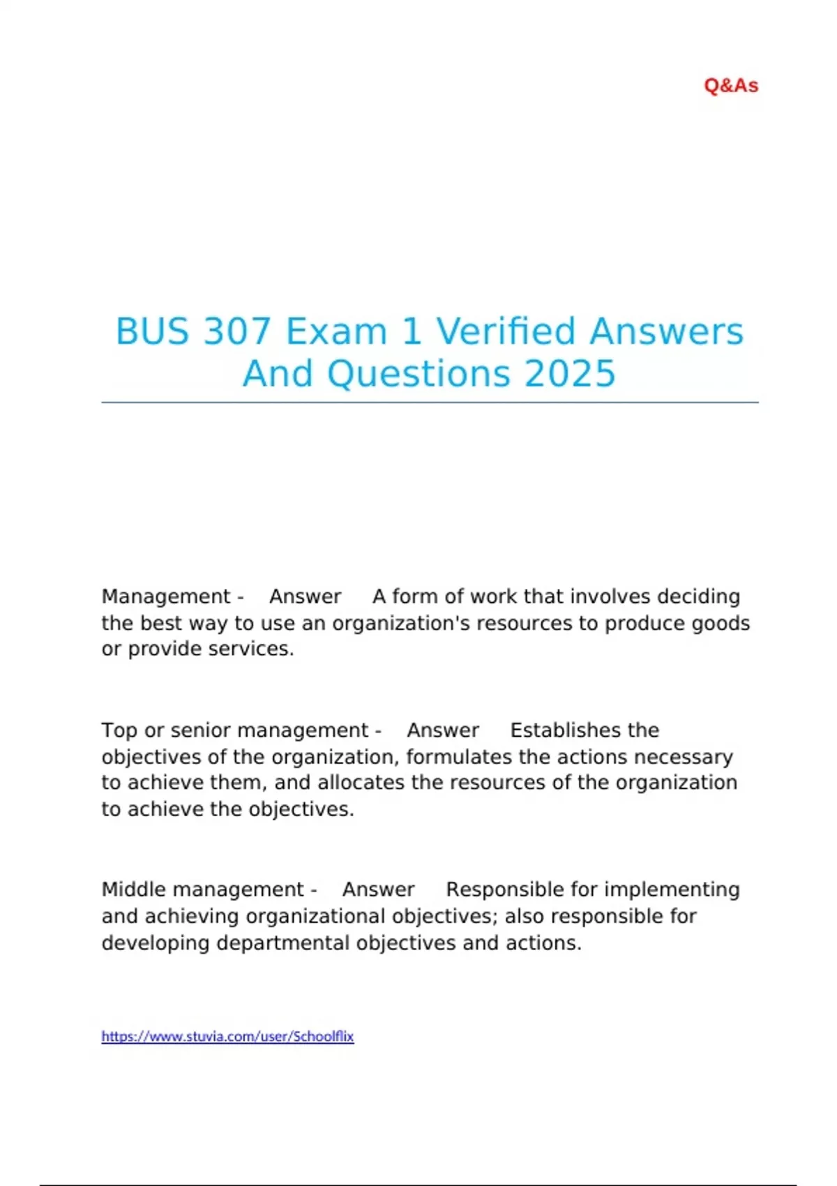 BUS 307 Exam 1 Verified Answers And Questions 2025 - BUS 307 - Stuvia US