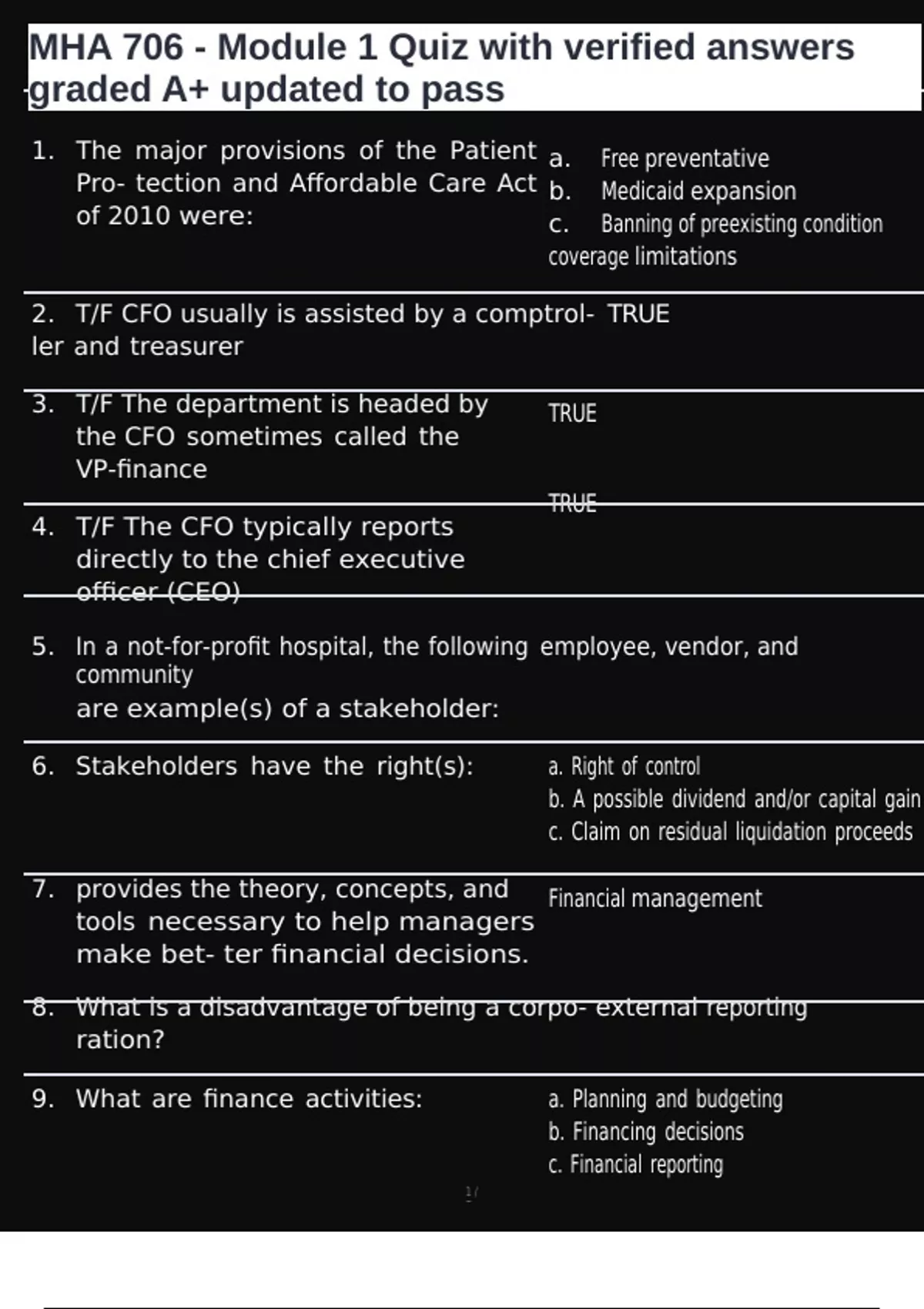 MHA 706 - Module 1 Quiz with verified answers graded A+ updated to pass ...