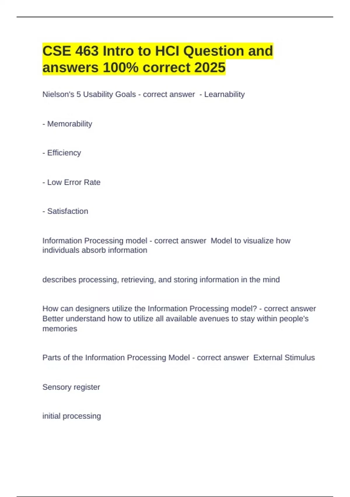 CSE 463 Intro to HCI Question and answers 100% correct 2025 - CSE 463 Intro to HCI - Stuvia US