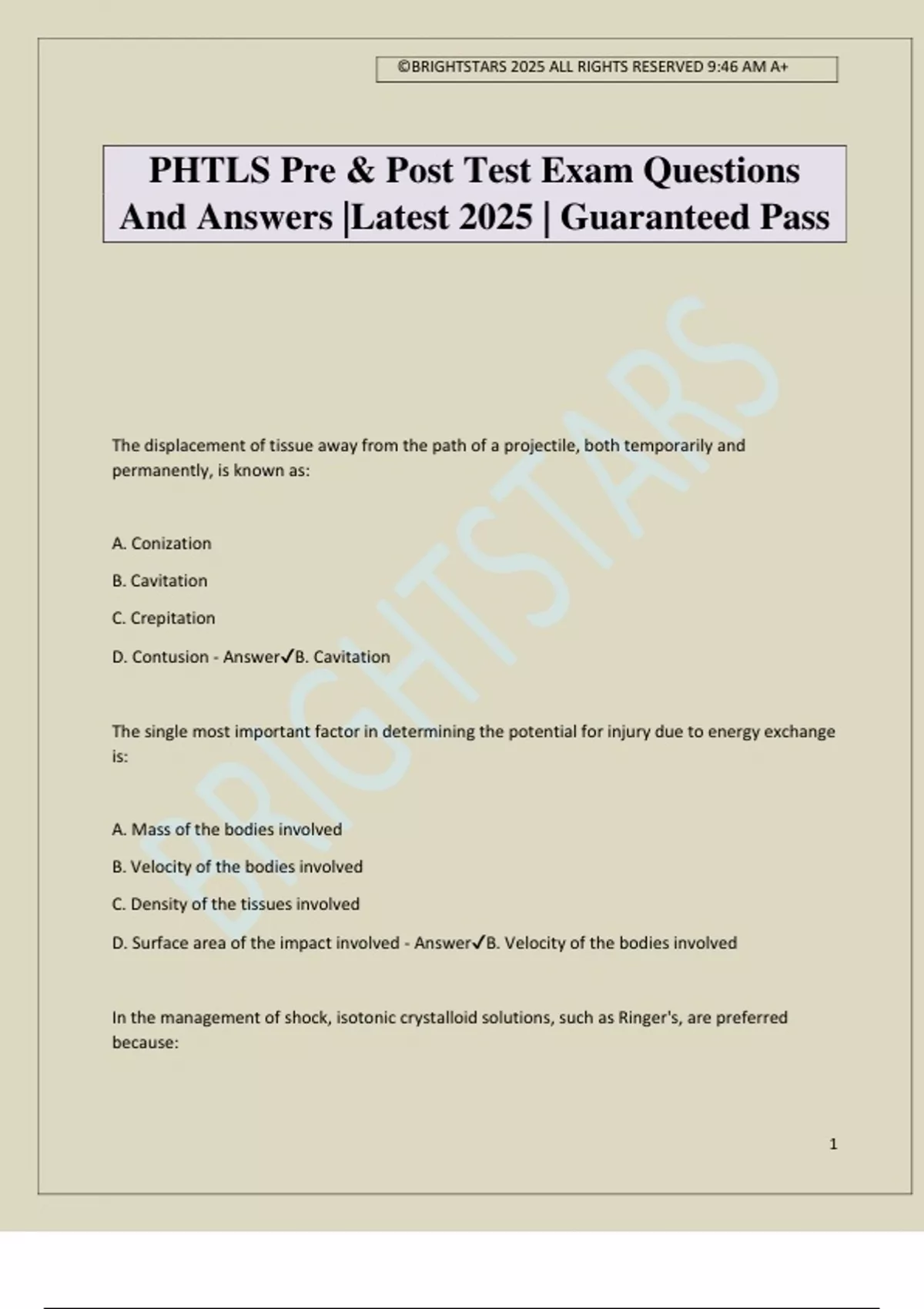 PHTLS Pre & Post Test Exam Questions And Answers |Latest 2025 ...