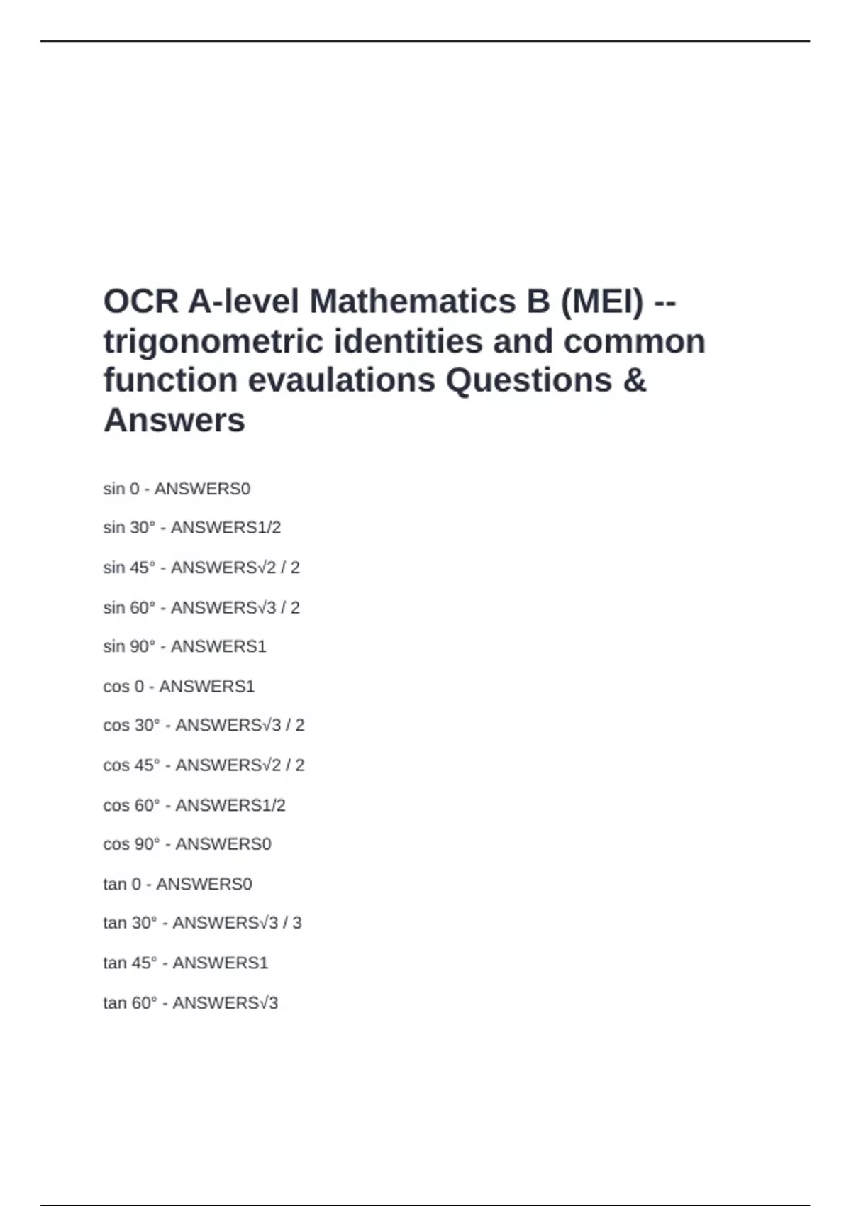 OCR A-level Mathematics B (MEI) -- trigonometric identities and common ...