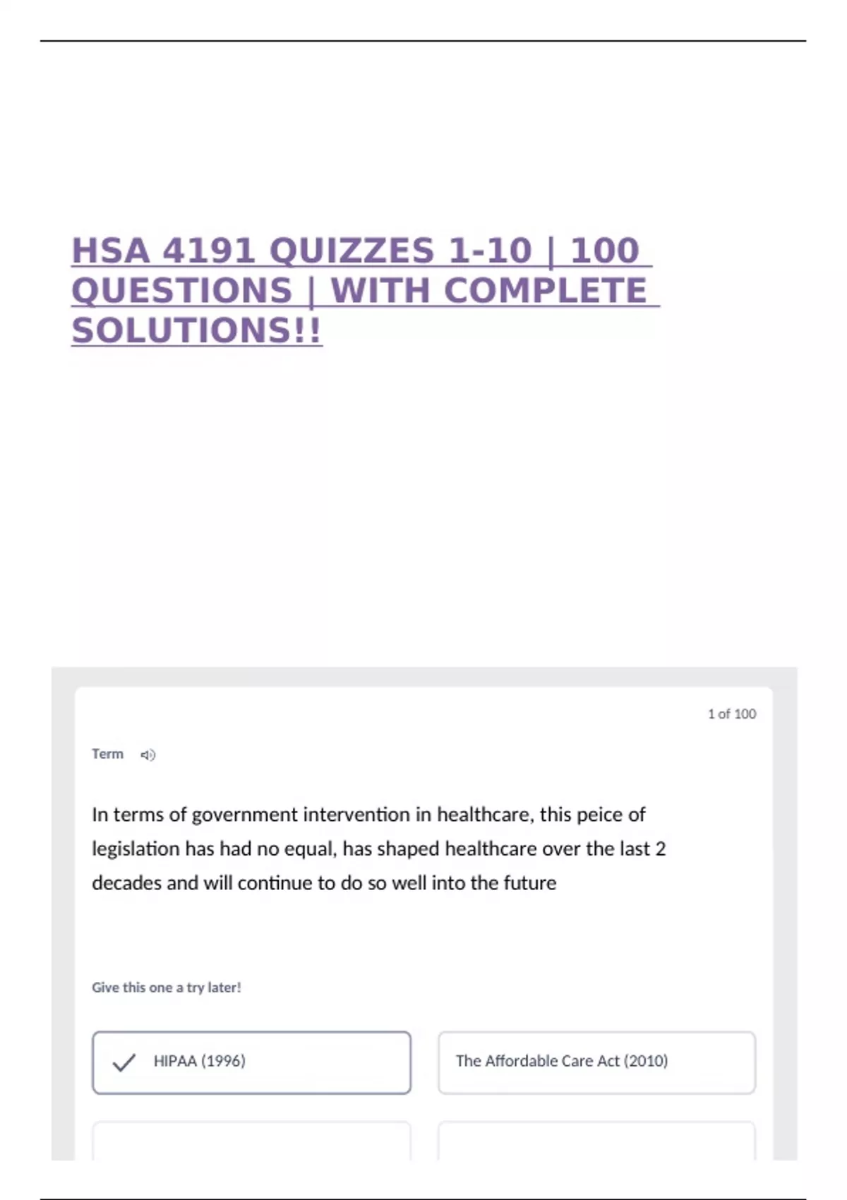 HSA 4191 QUIZZES 1-10 | 100 QUESTIONS | WITH COMPLETE SOLUTIONS!! - HSA ...