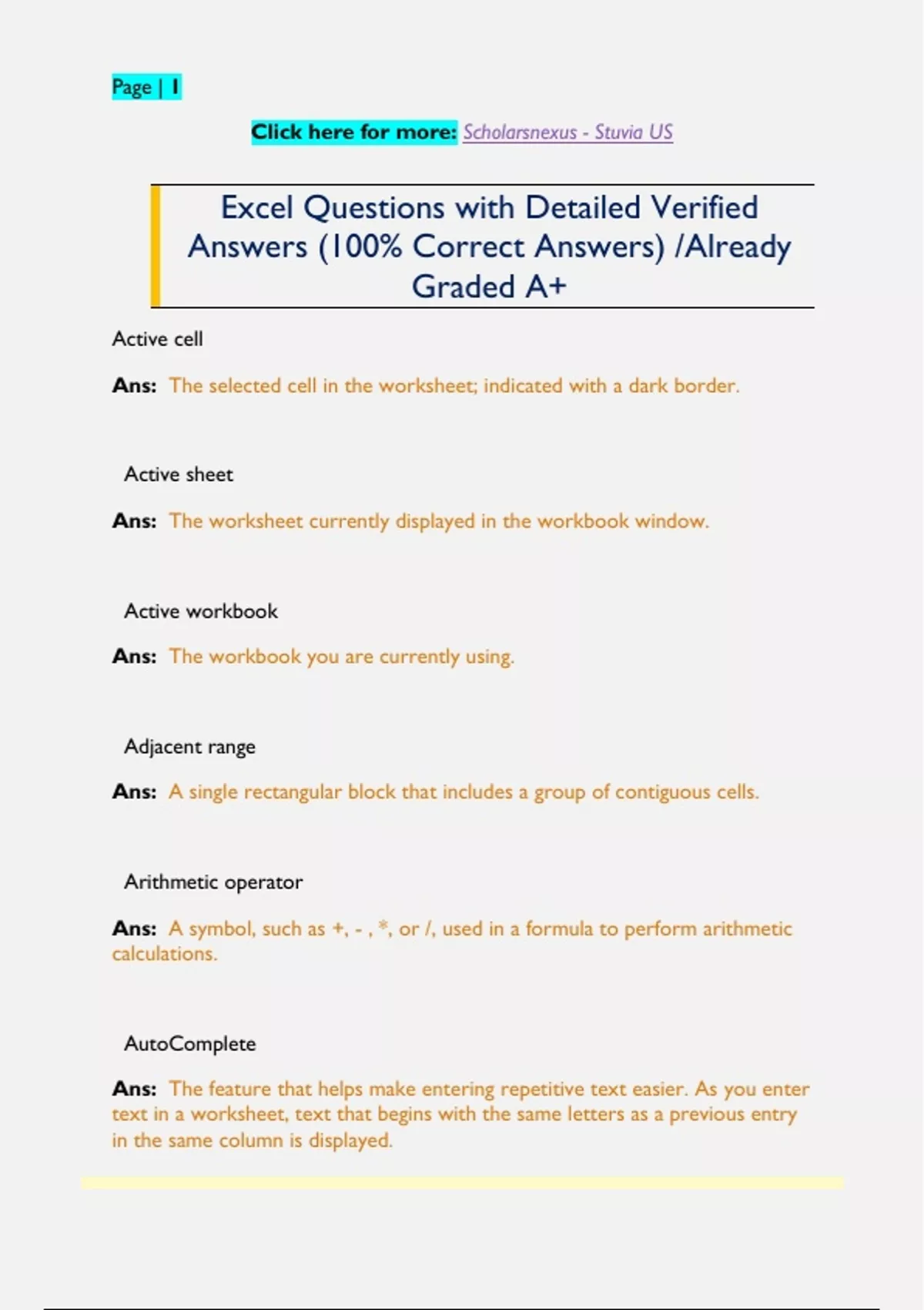 Excel Questions with Detailed Verified Answers (100% Correct Answers) /Already Graded A+ - EXCEL ...