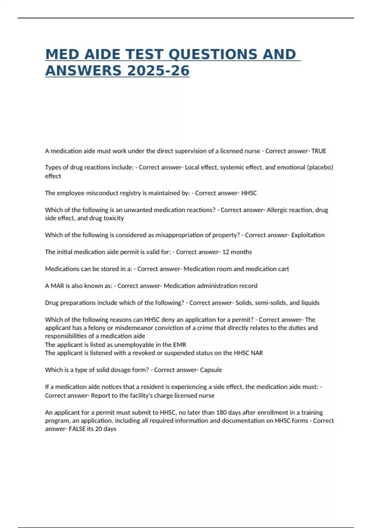 MED AIDE TEST QUESTIONS AND ANSWERS 2025-26 - Med Aide - Stuvia US