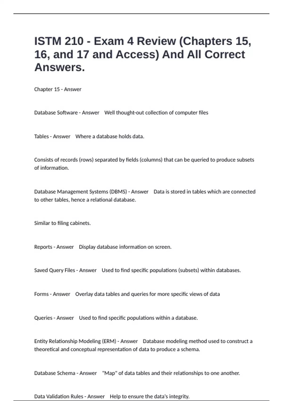 ISTM 210 - Exam 4 Review (Chapters 15, 16, and 17 and Access) And All ...