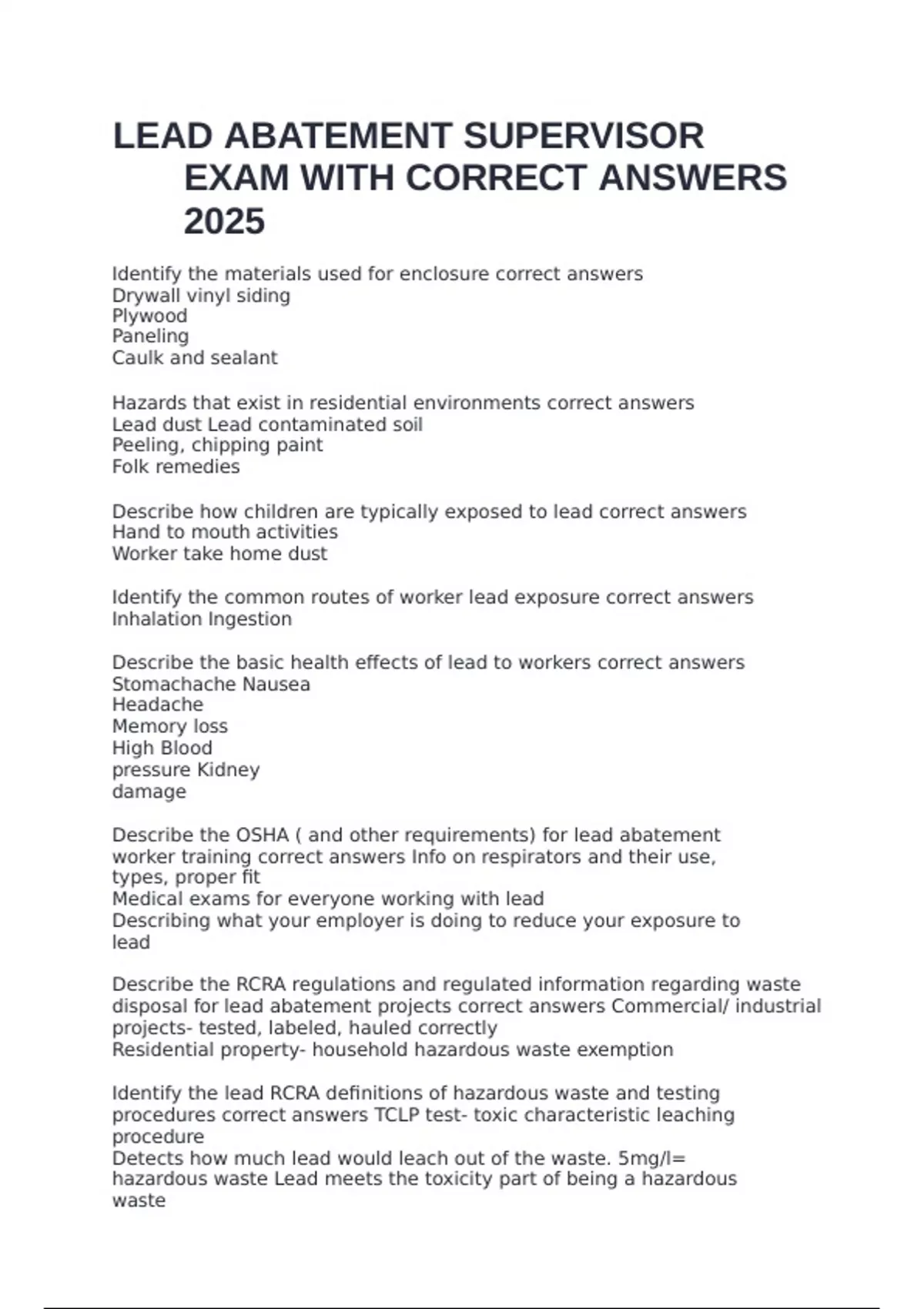 LEAD ABATEMENT SUPERVISOR EXAM WITH CORRECT ANSWERS 2025 - Lead ...