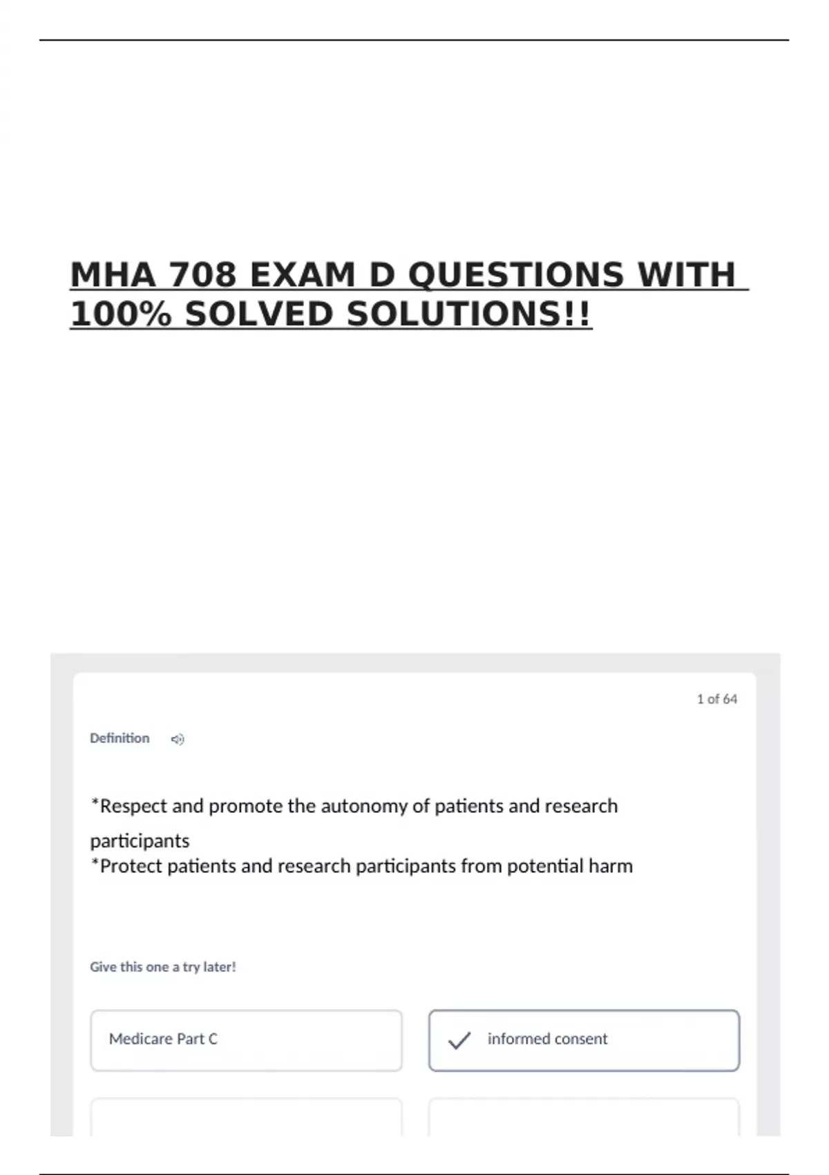 MHA 708 EXAM D QUESTIONS WITH 100% SOLVED SOLUTIONS!! - MHA 708 - Stuvia US