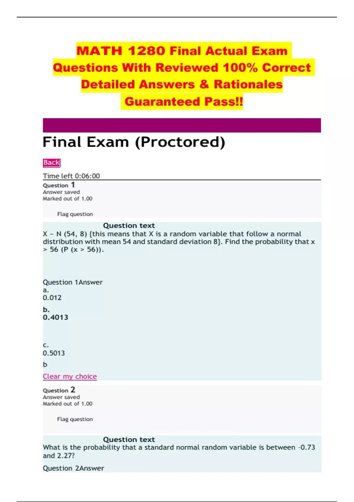 MATH 1280 Final Actual Exam Questions With Reviewed 100% Correct ...