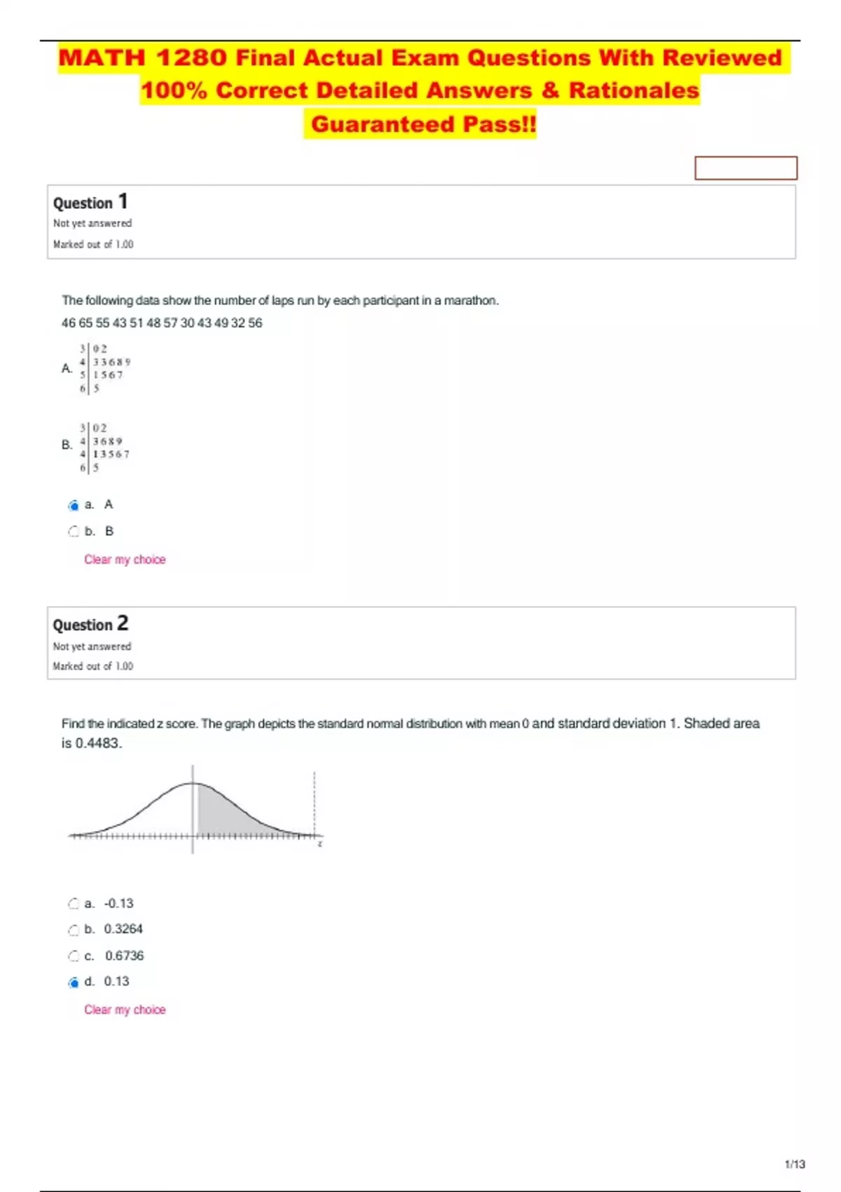 MATH 1280 Final Actual Exam Questions With Reviewed 100% Correct ...