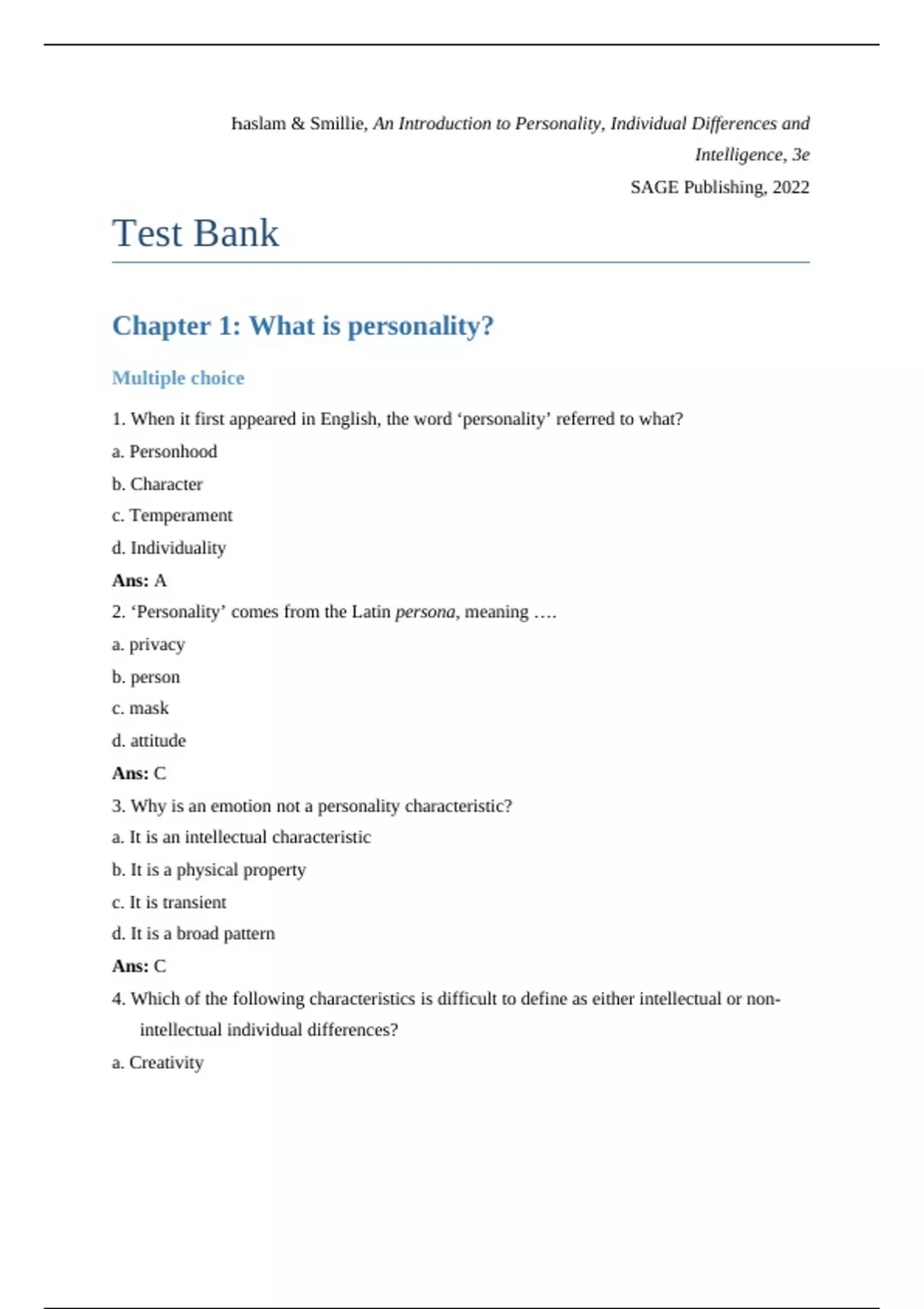 Test Bank, Quizzes, Exams: An Introduction to Personality, Haslam, 3e ...