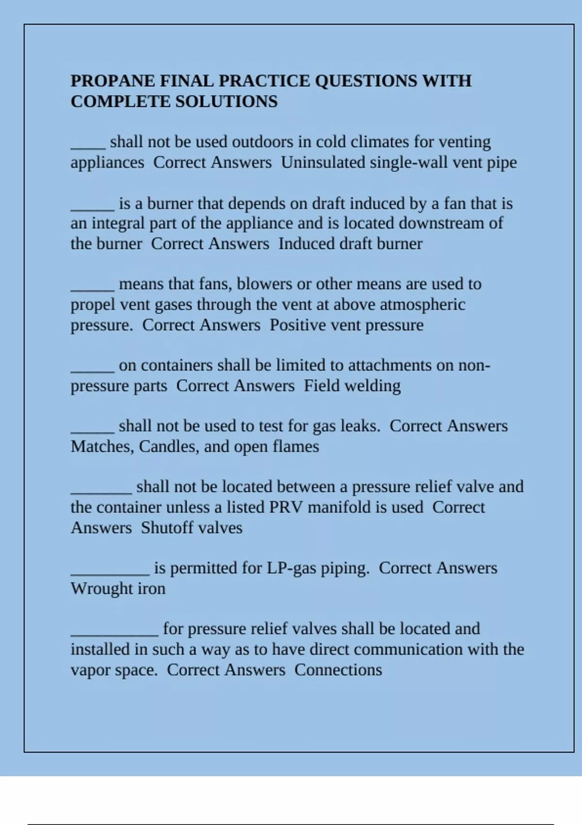 PROPANE FINAL PRACTICE QUESTIONS WITH COMPLETE SOLUTIONS - Propane ...