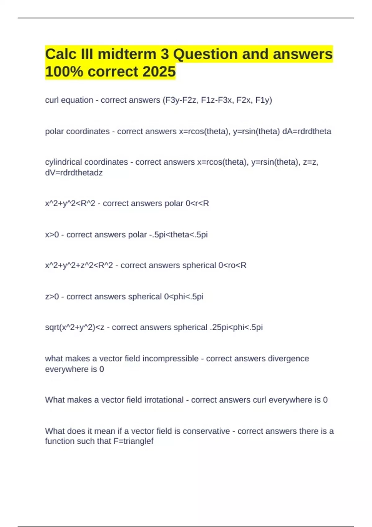 Calc III midterm 3 Question and answers 100% correct 2025 - Calc III ...