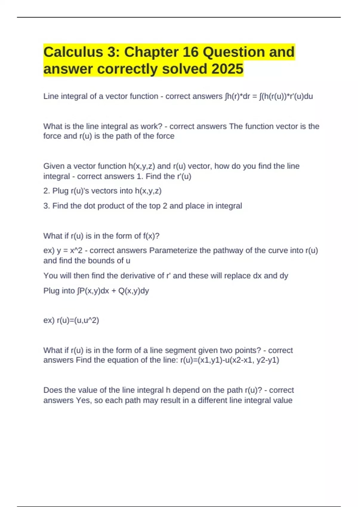 Calculus 3: Chapter 16 Question and answer correctly solved 2025 ...