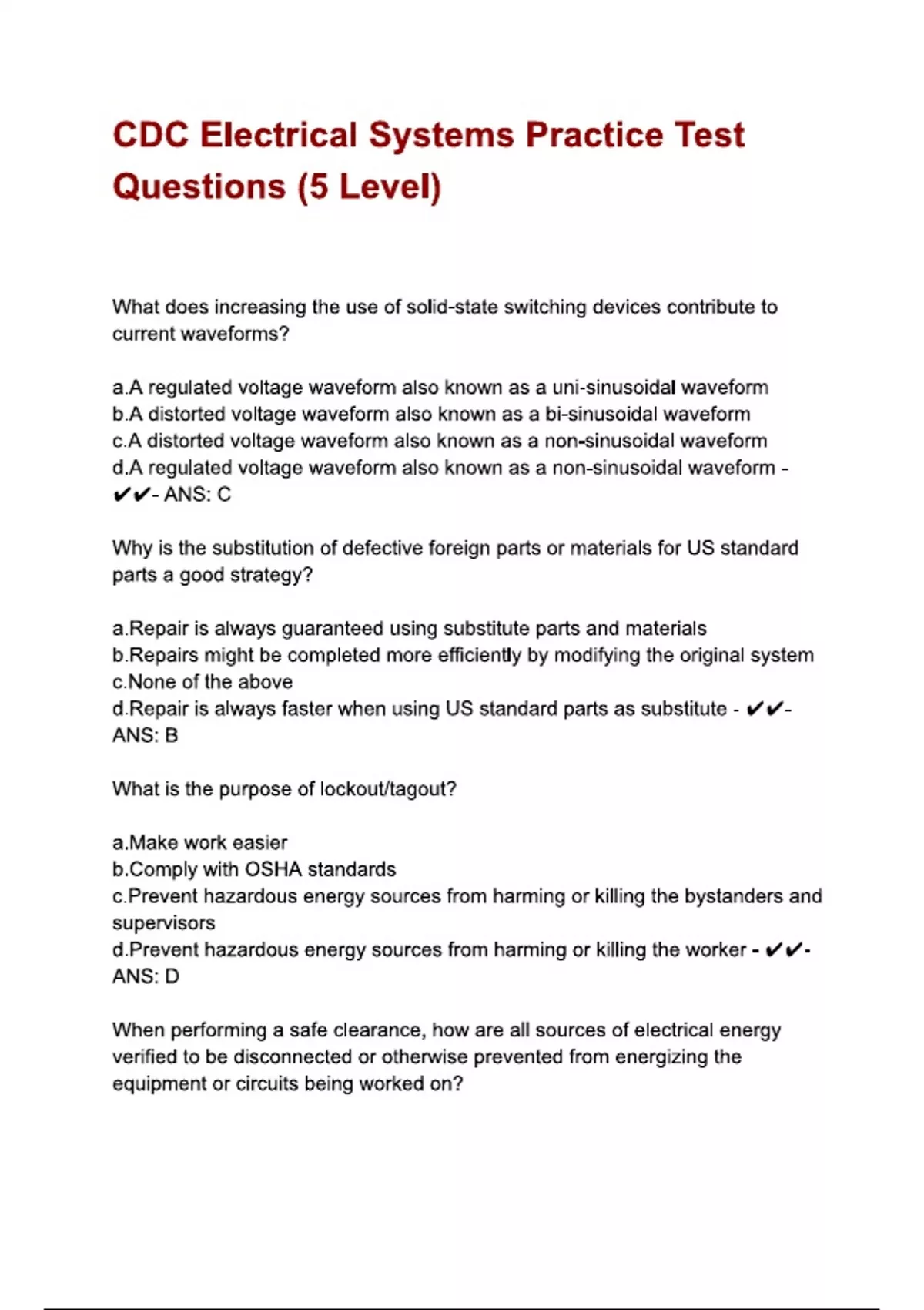 CDC Electrical Systems Practice Test Questions (5 Level) (Latest 2025 / ...