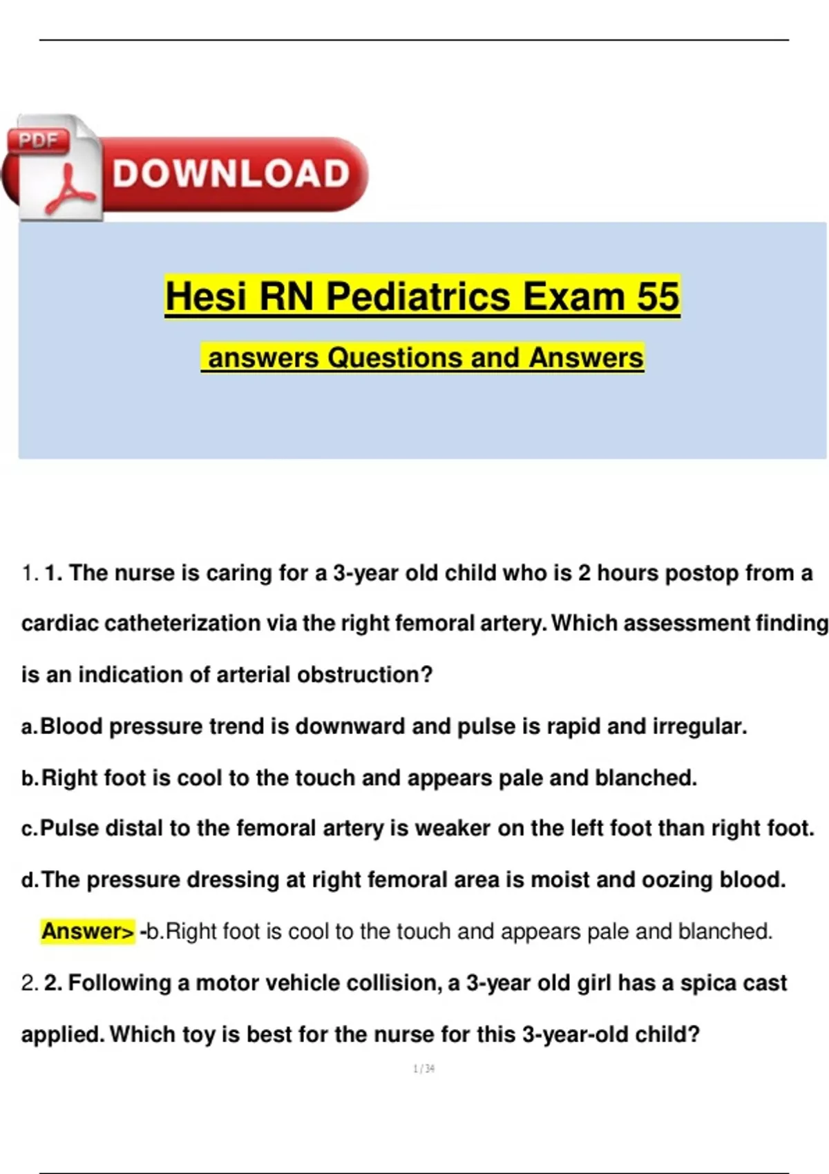 2025 Hesi RN Pediatrics Exam 55 answers Questions and Answers (2025 / ...